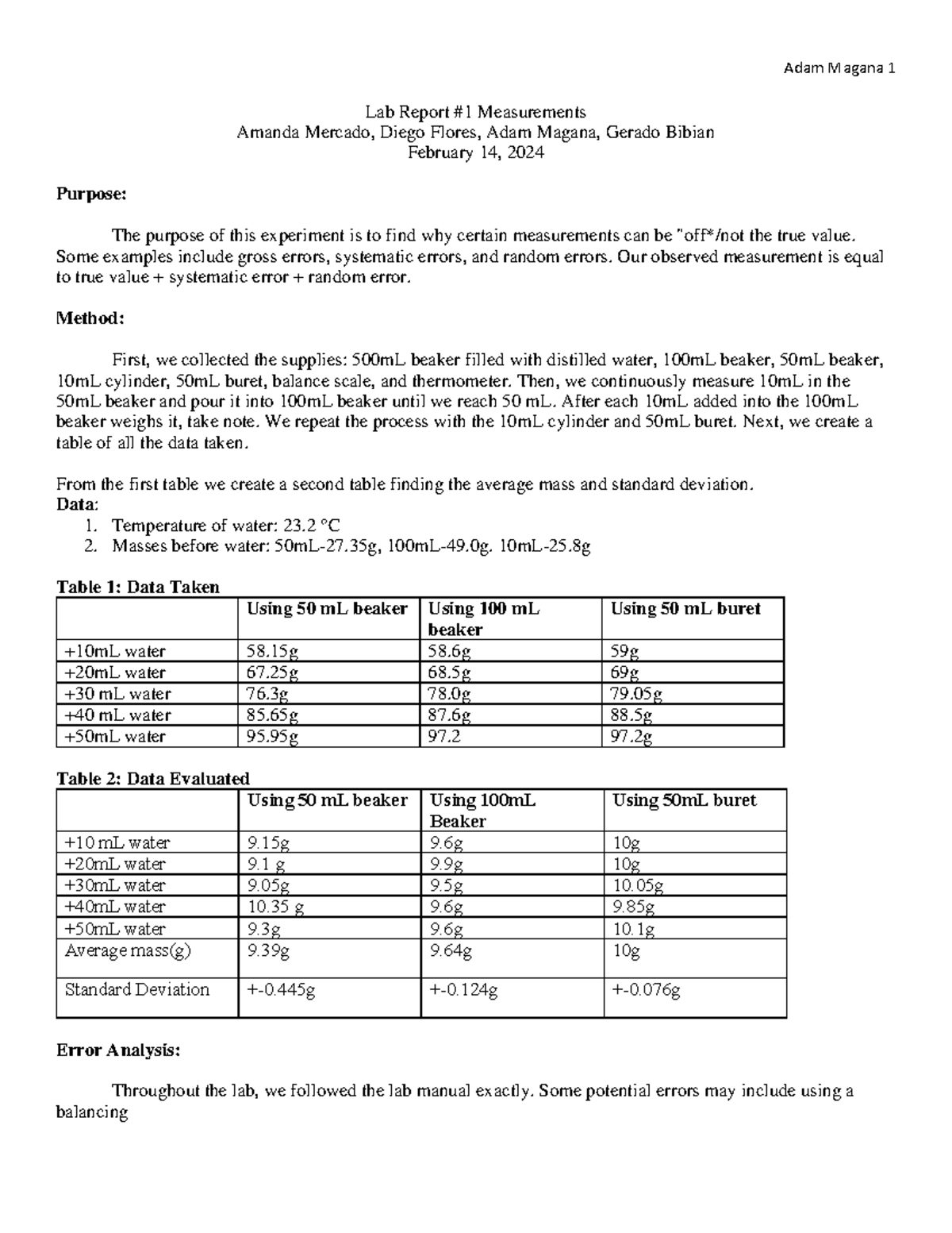 Lab Report #1: Measurement Errors & Data Analysis - Studocu