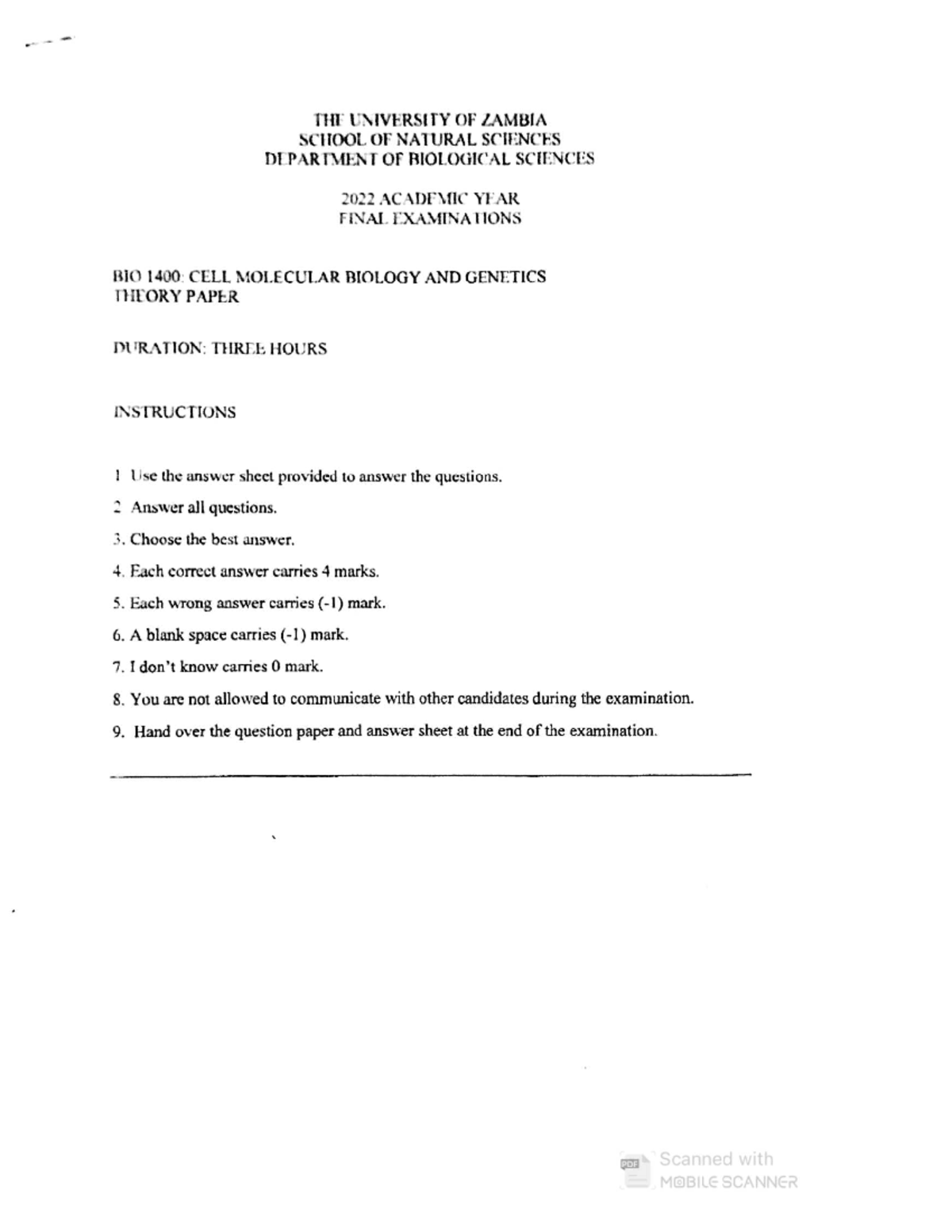 BIO 1400: Cell Molecular Biology & Genetics Final Exam 2023 - Studocu