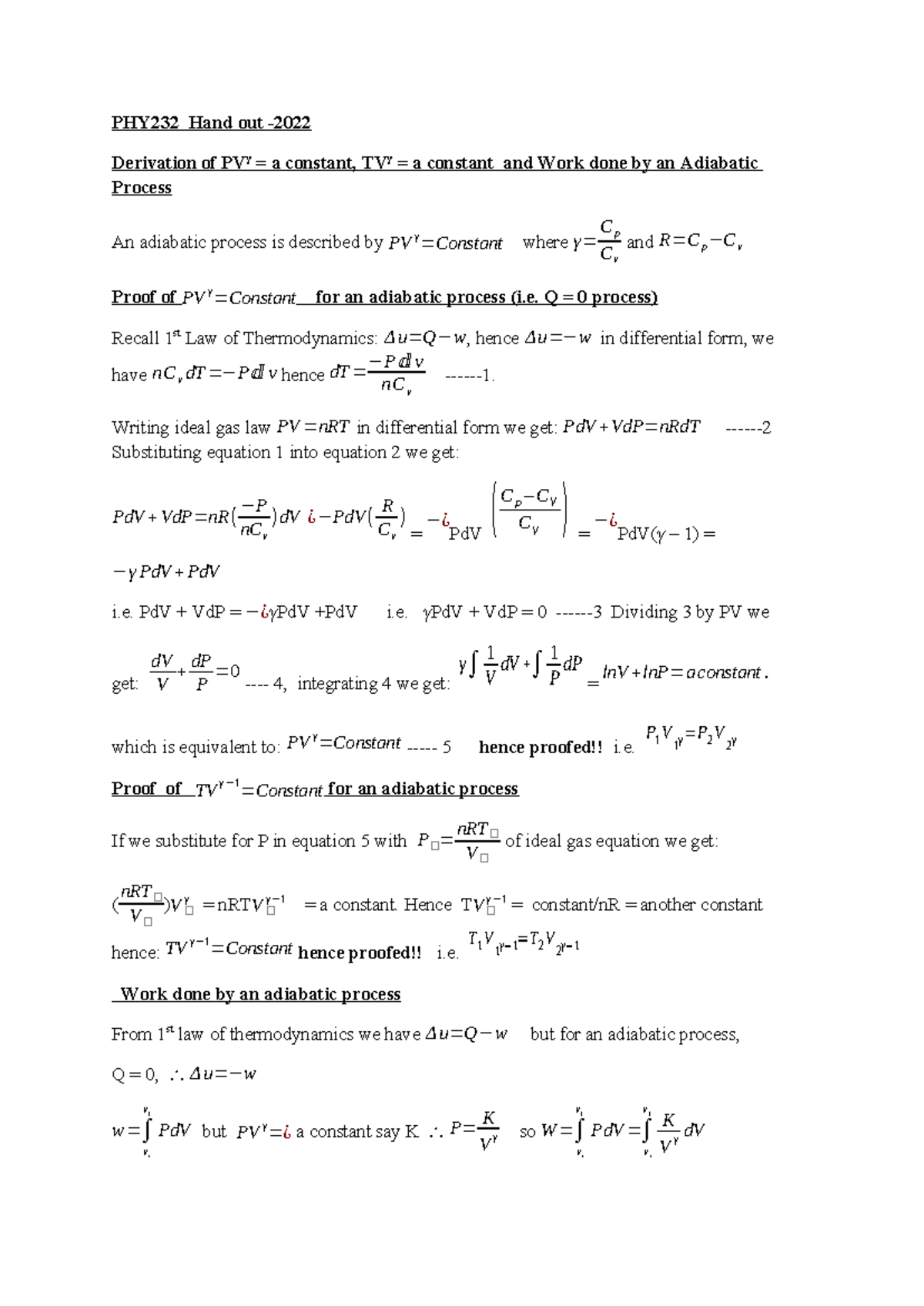 Adiabatic Process Equations and Work Done - PHY232 Handout - Studocu