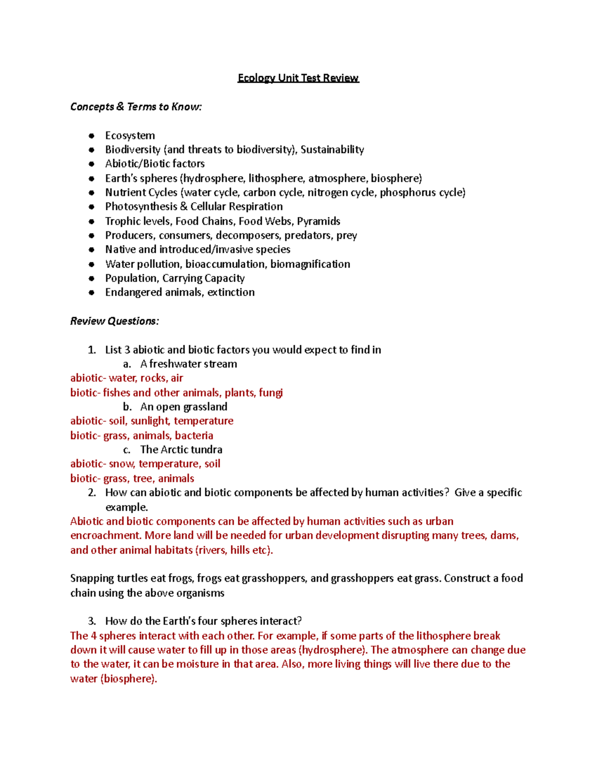 Ecology 101: Unit test review on ecosystems, biodiversity, and ...