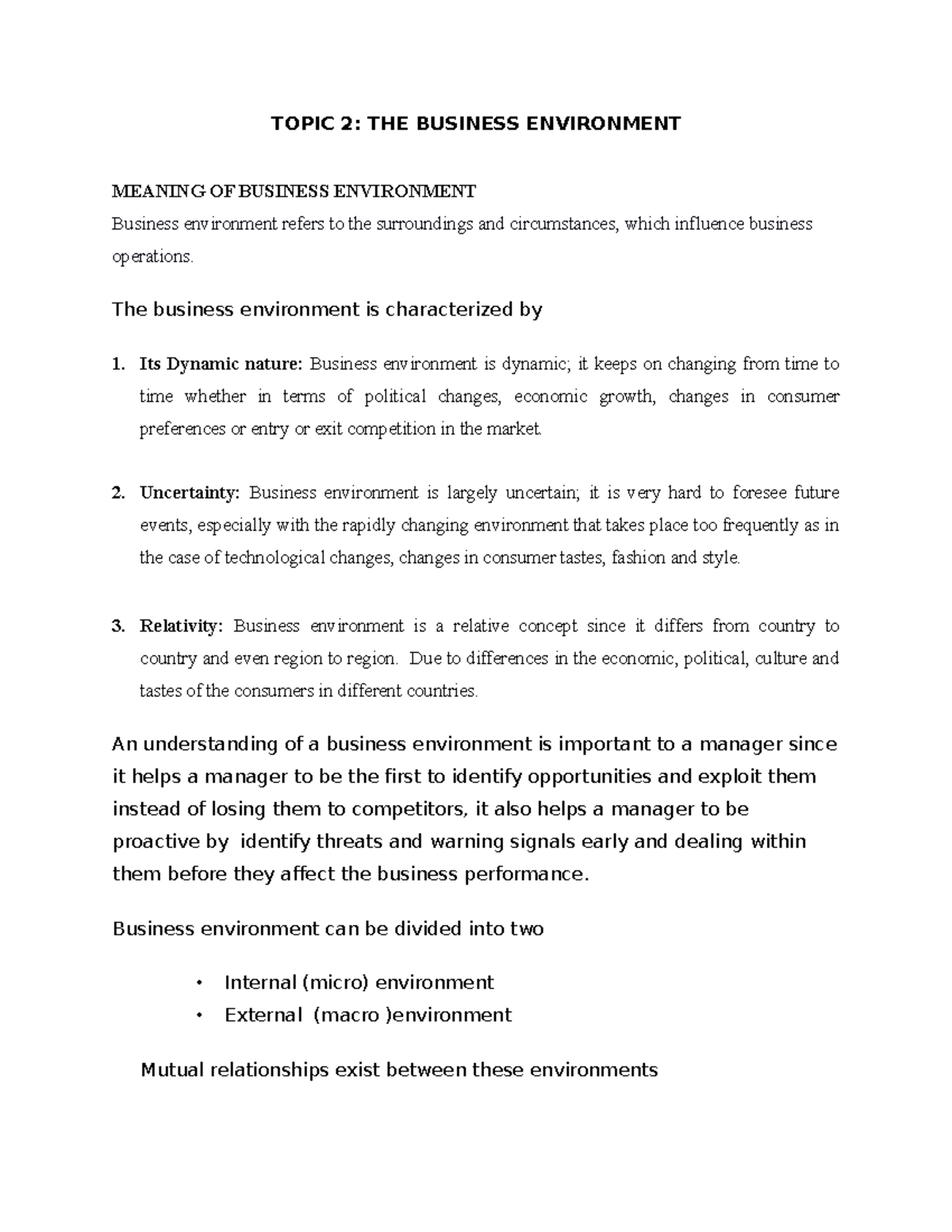 Topic 2 - Understanding the Business Environment in Depth - Studocu