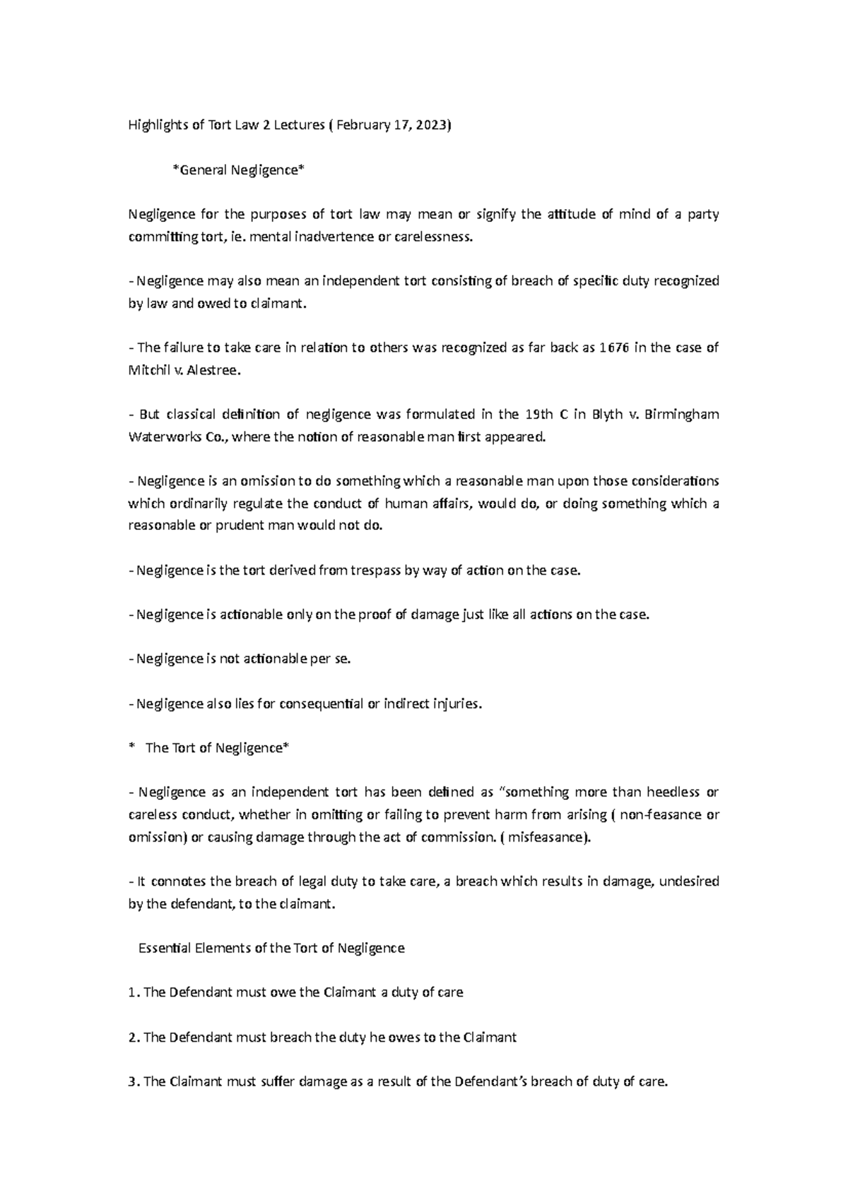 Tort Law 2 - Negligence Lecture Notes Summary and Highlights - Studocu