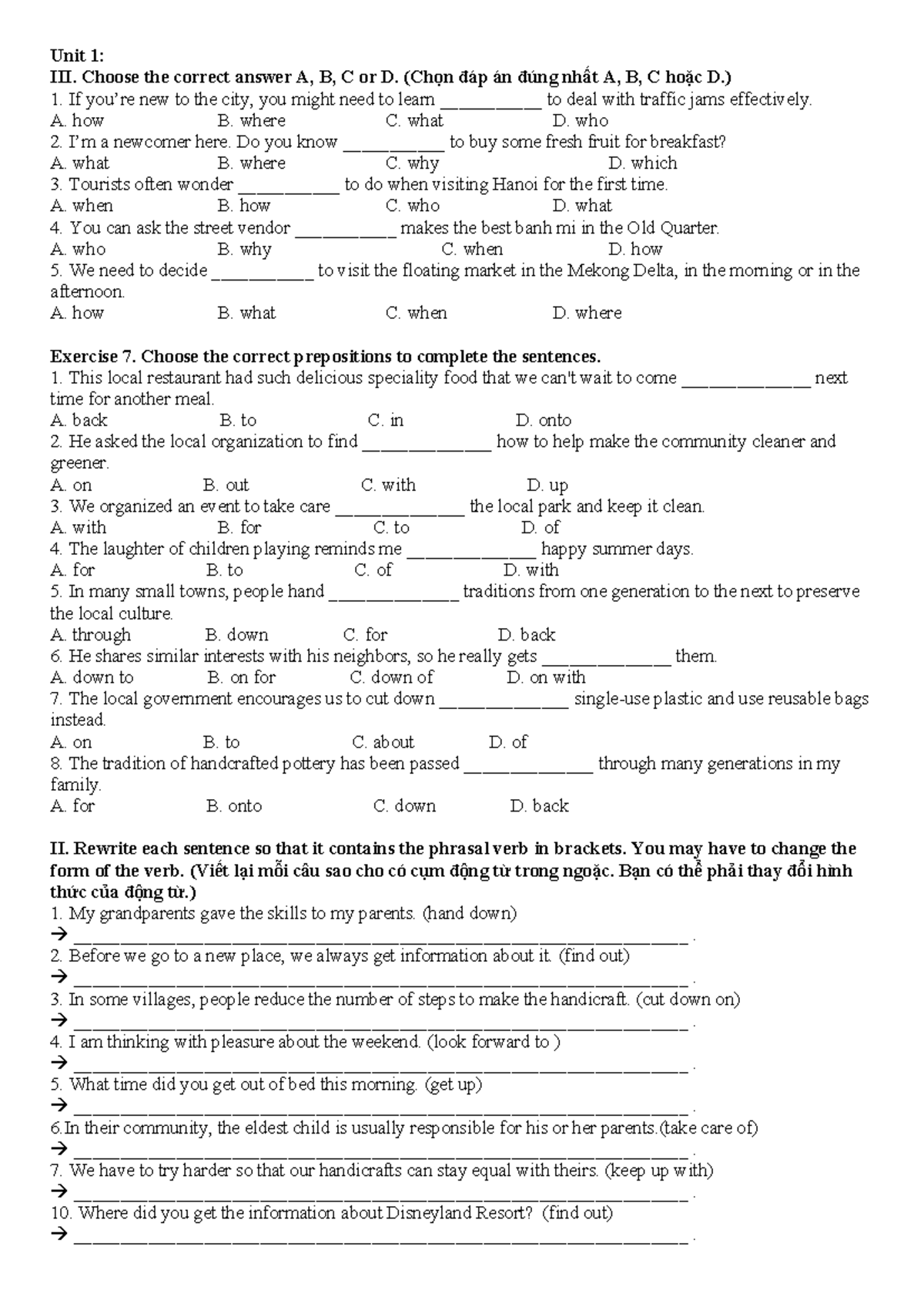 Unit 1: Multiple Choice Questions and Answers (Đề thi Chủ Nhật) - Studocu