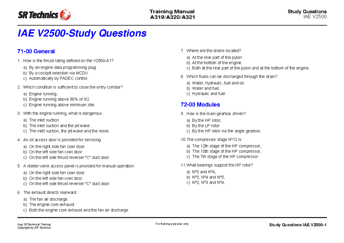 IAE V2500 Study Questions for Technical Training Manual A319/A320/A ...