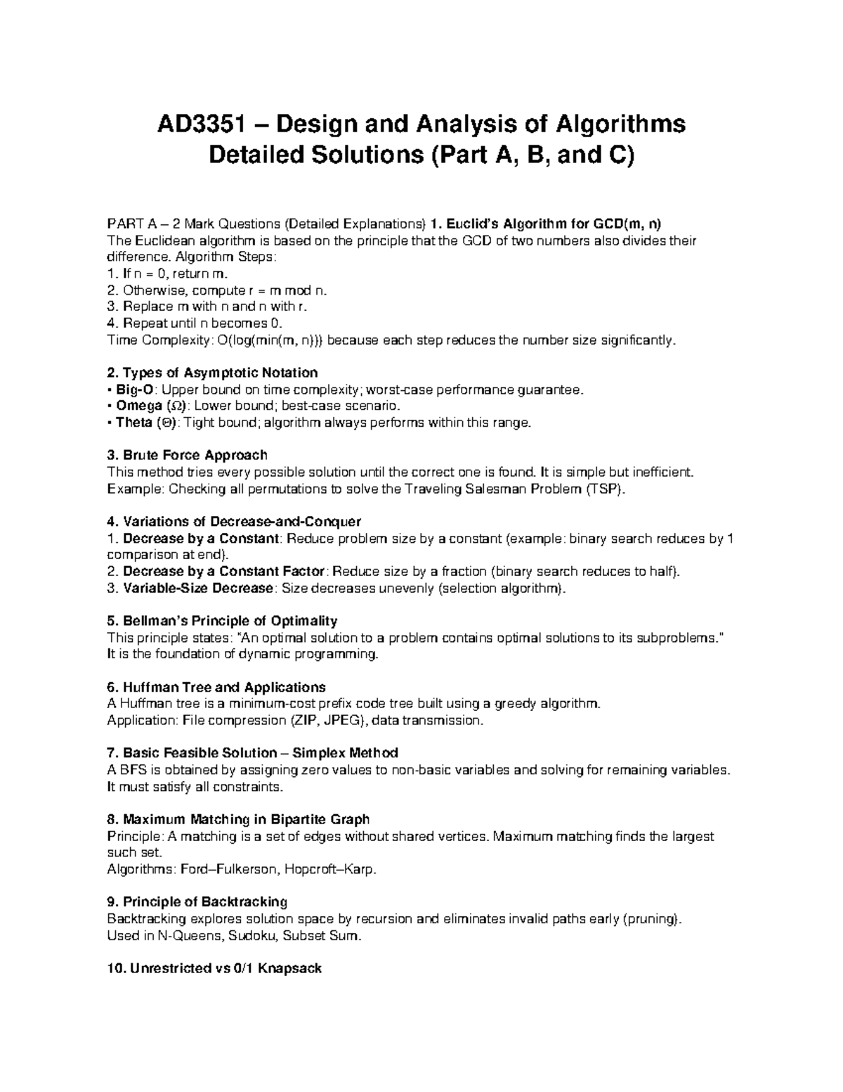 AD3351 Design and Analysis of Algorithms Detailed Solutions (Parts A ...