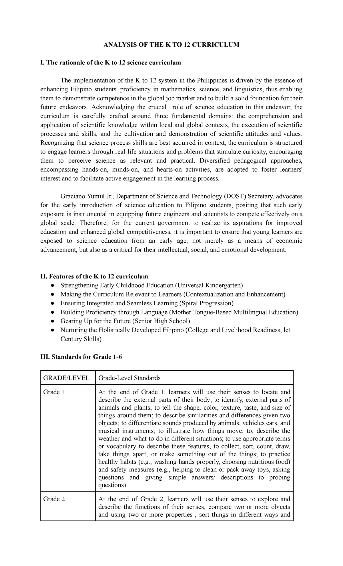 Analysis OF THE K TO 12 Curriculum - ANALYSIS OF THE K TO 12 CURRICULUM ...