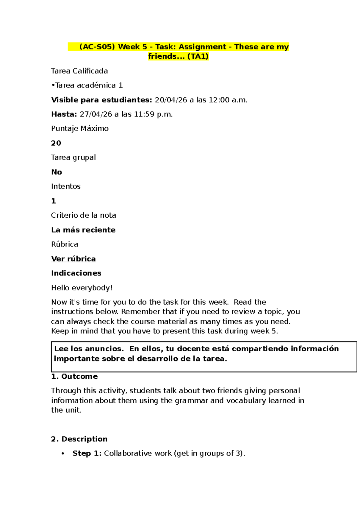 TA1 - Week 5 Assignment: Talking About Friends in English - Studocu