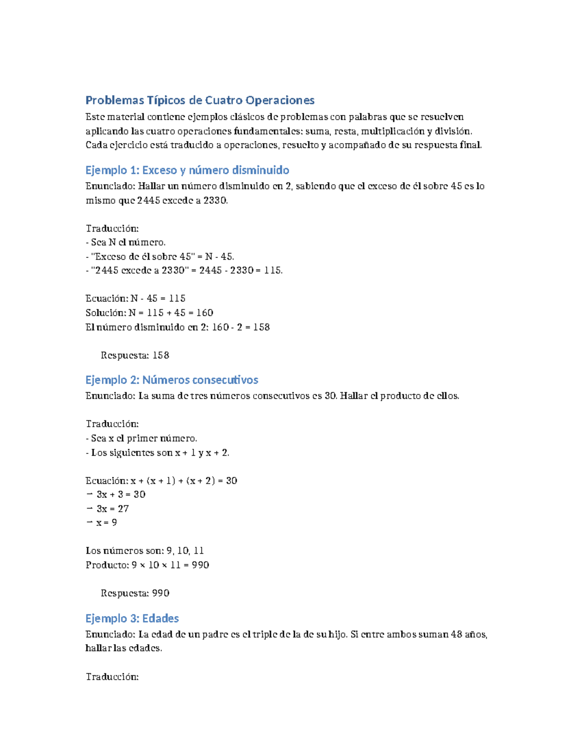 Problemas Típicos de Cuatro Operaciones - Ejemplos y Soluciones - Studocu