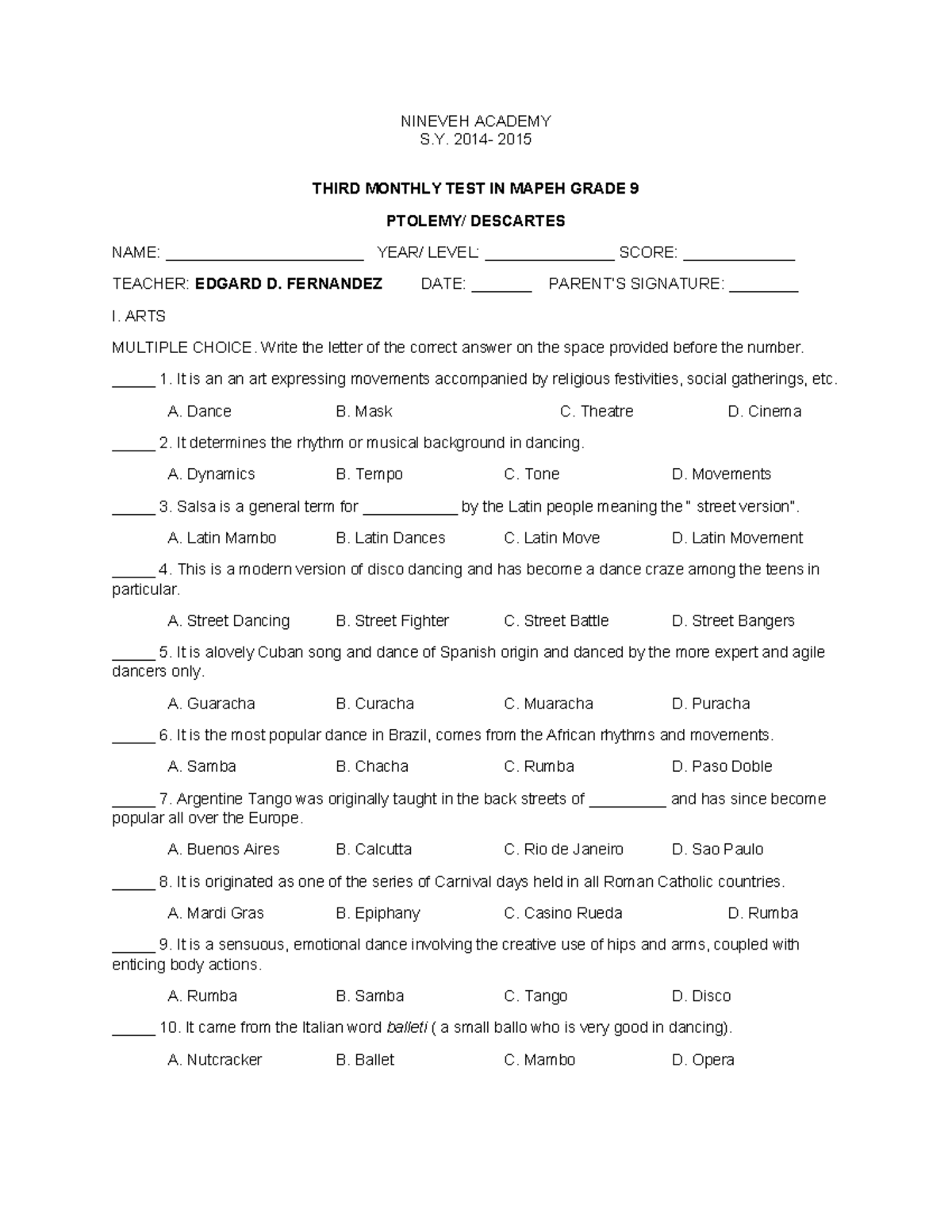 NINEVEH ACADEMY S.Y. 2015 GRADE 9 MAPEH 3RD MONTHLY TEST - Studocu