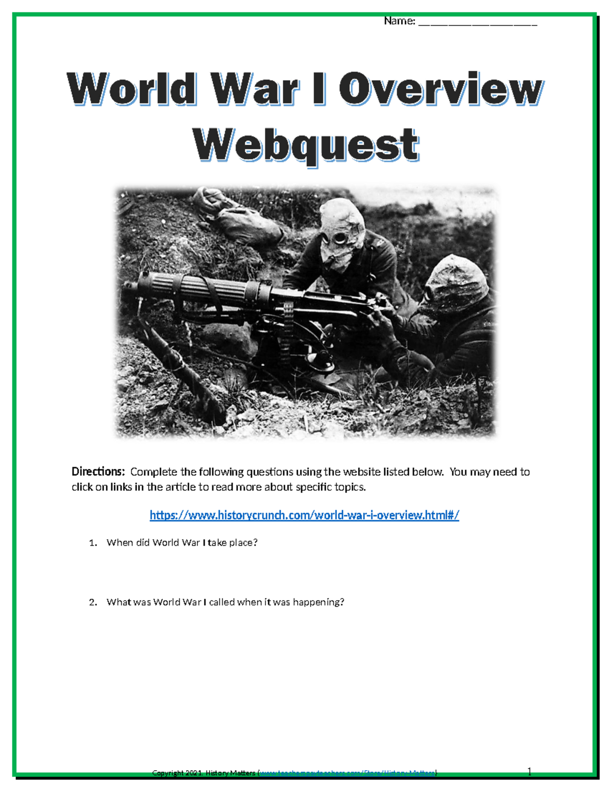 World War I Overview Webquest - Directions: Complete the following ...