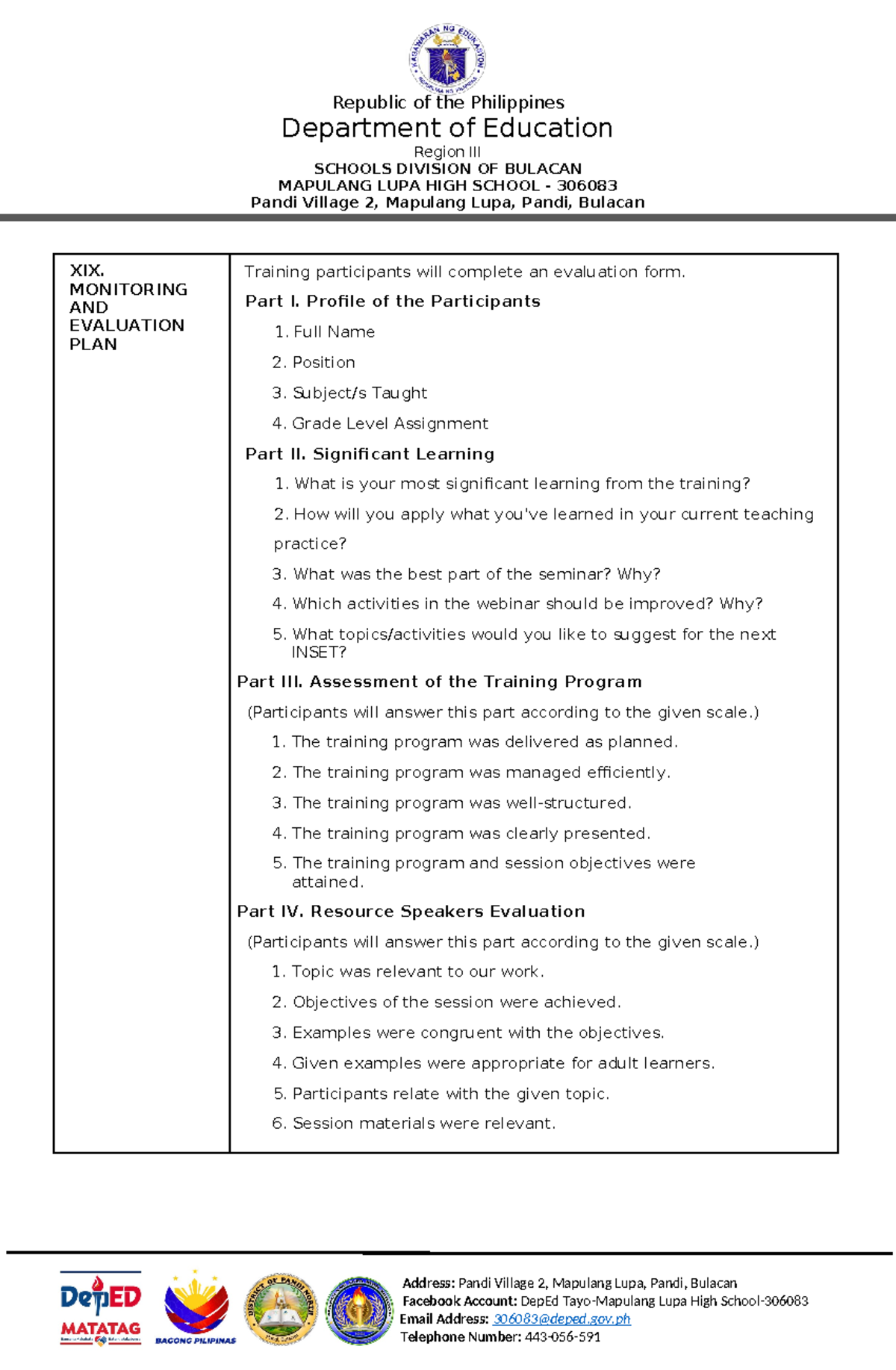 GAD- Monitoring and Evaluation Plan - Training Participants Feedback ...