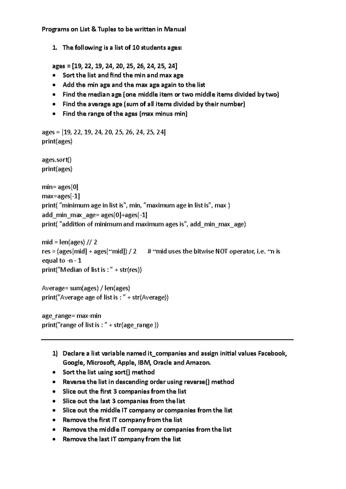Programs on List Tuples: Manual 1 for Python Coding Tasks - Studocu