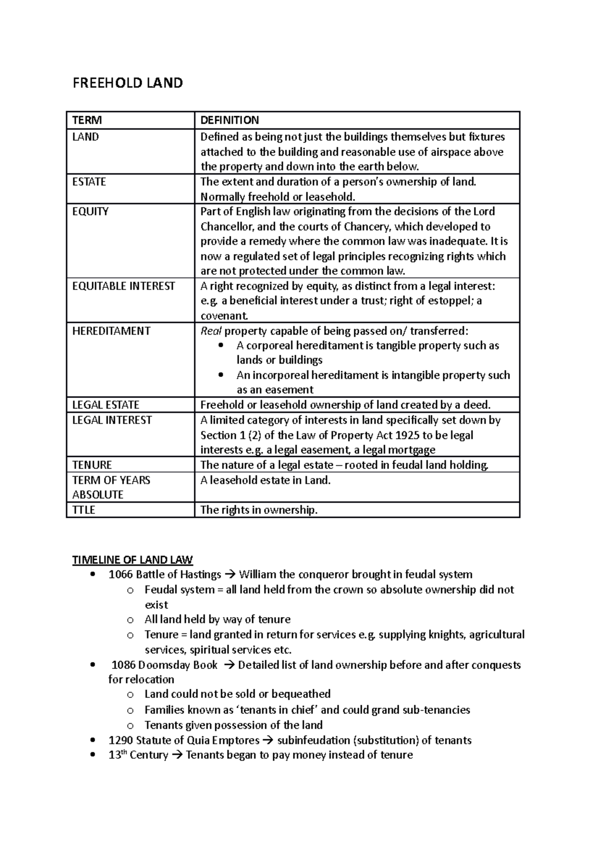 Freehold Land Law Notes: Summary and Key Concepts Explained - Studocu