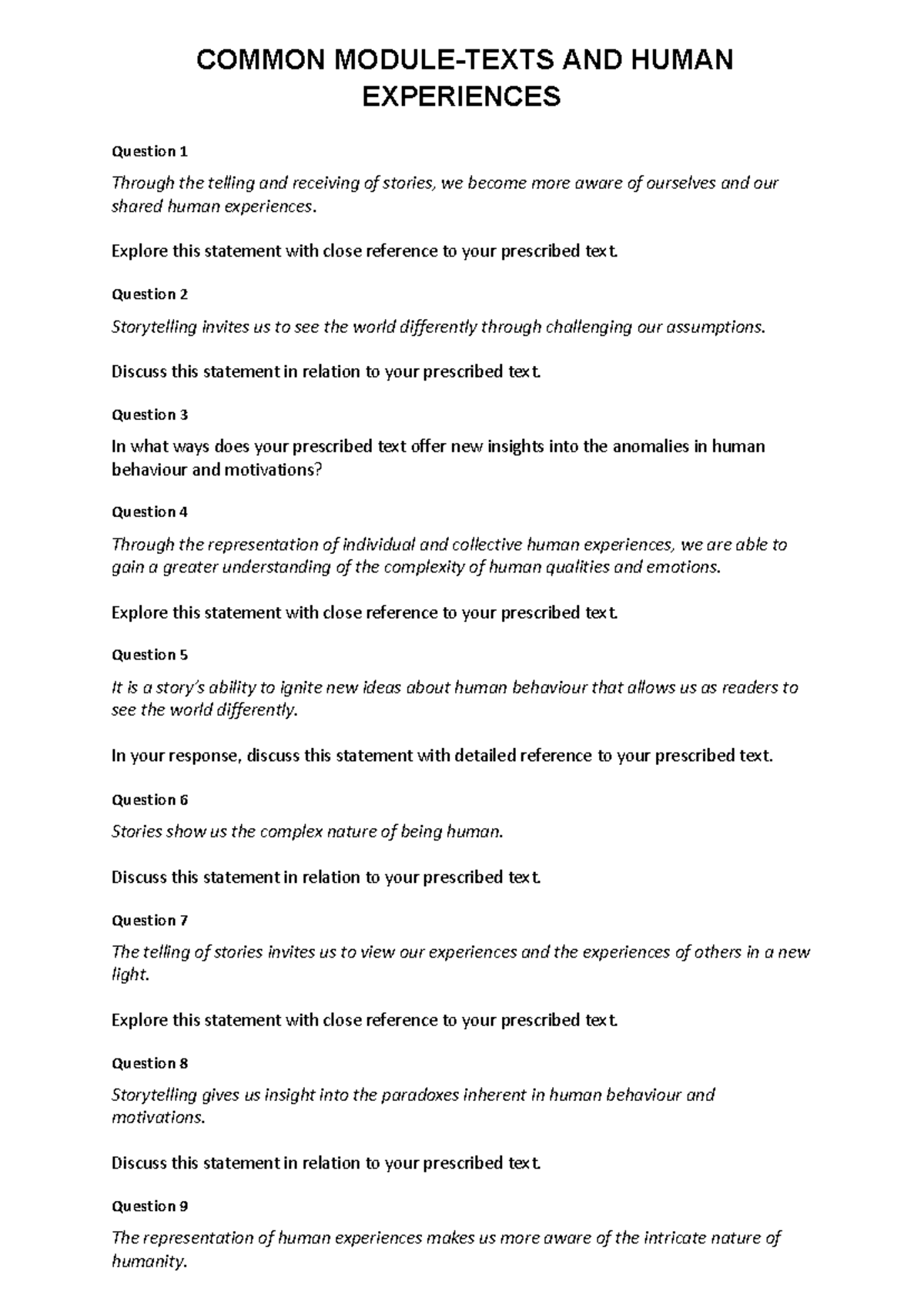 Common Module Sample Questions (ENG101) - Texts & Human Experiences ...