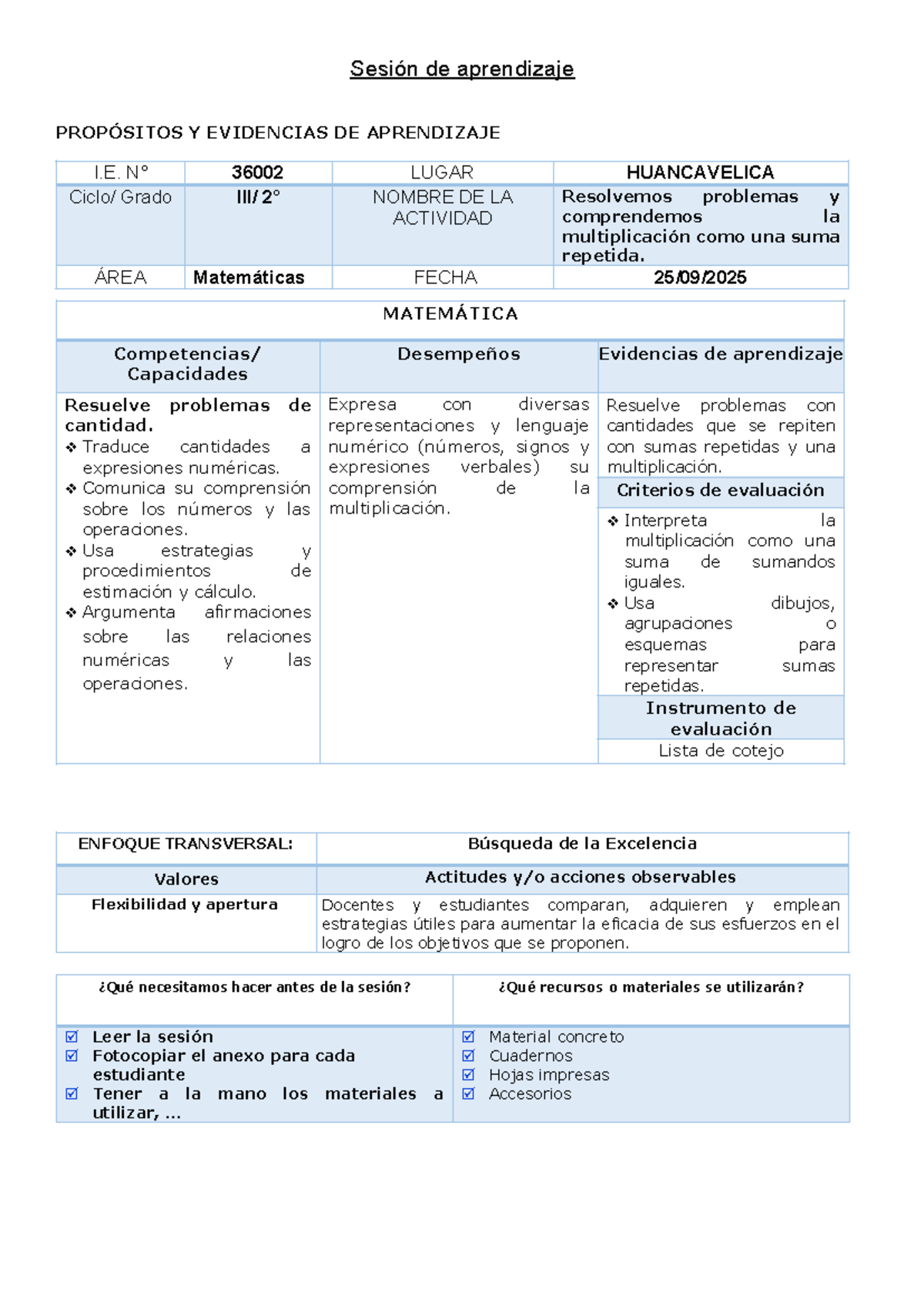 Sesión de Aprendizaje: Comprendemos la Multiplicación como Suma ...