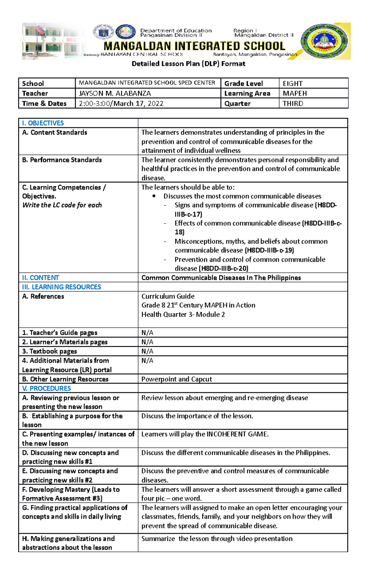 DLPCo 1-2022: Lesson Plan on Communicable Diseases for MAPEH 8 - Studocu