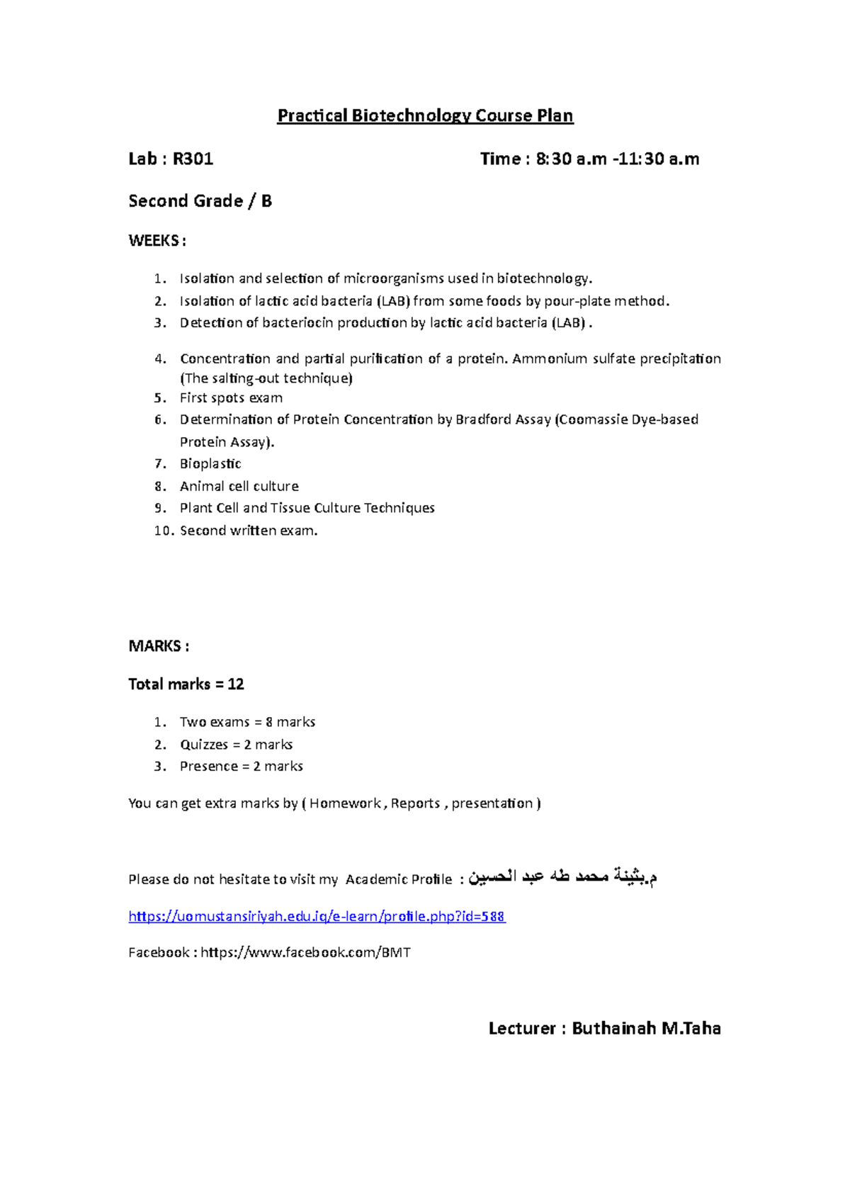 Biotechnology Course Plan for Second Grade (B) - Practical Lab R301 ...