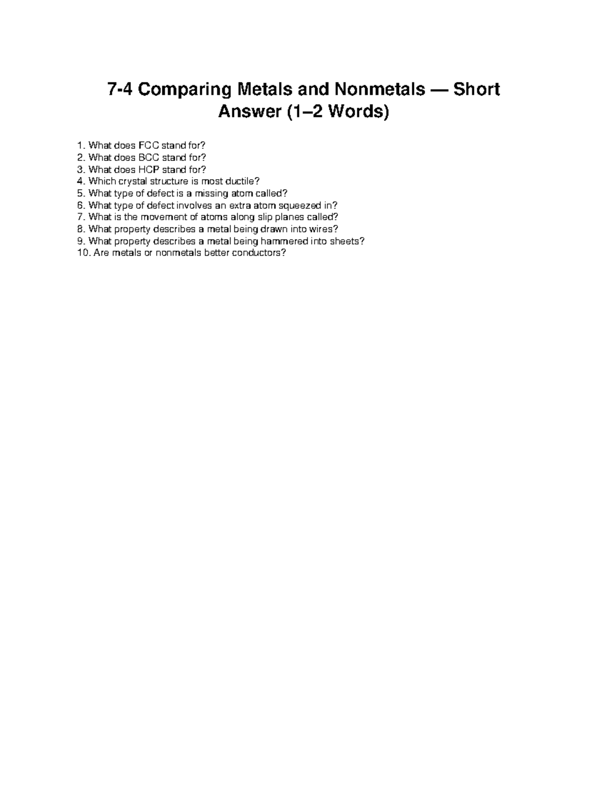 7-4 Comparing Metals and Nonmetals Short Answer Questions - Studocu