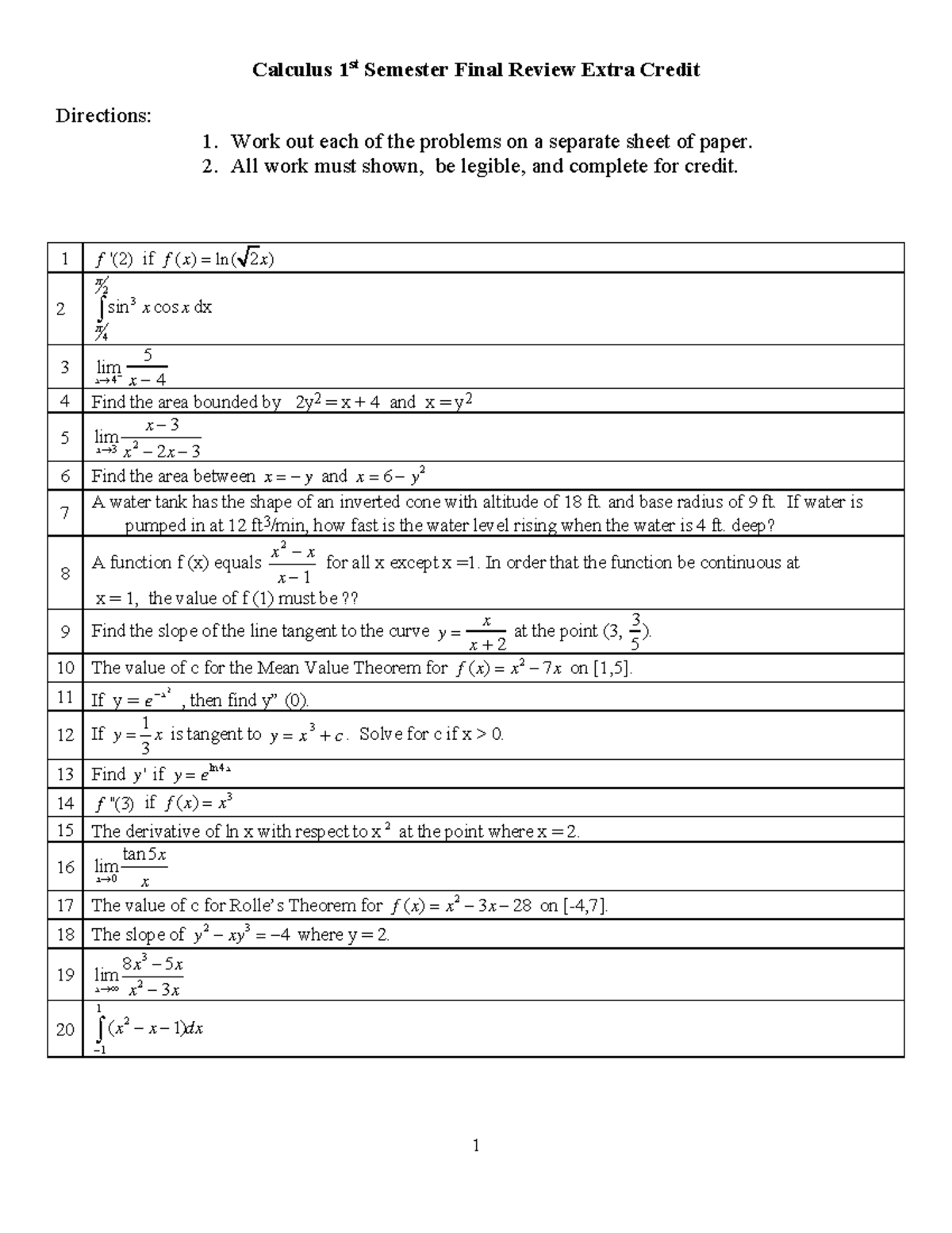 Calculus 1st Semester Final Exam Review Extra Credit 2017 - Studocu