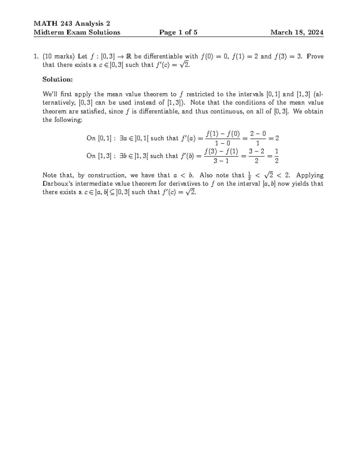 MATH 243 Analysis 2 Midterm Exam solutions for winter 2024 - Studocu