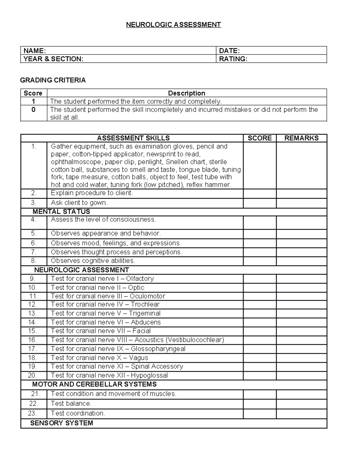 Neurologic Assessment Guide: Skills & Criteria for Evaluation - Studocu