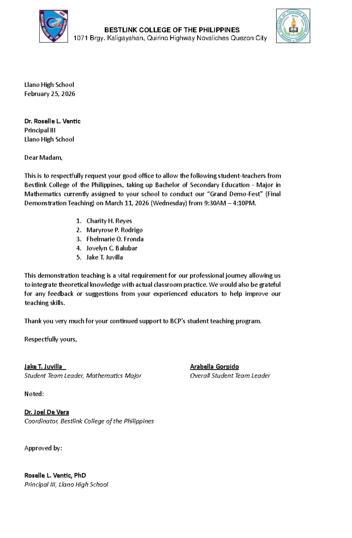 Approval Letter for Final Demonstration Teaching - BSED Math - Studocu