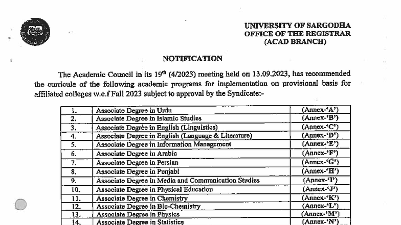 UOS Notification: Provisional Curricula for Associate Degrees (Fall ...