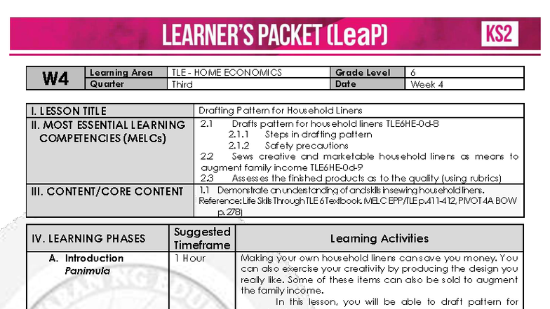 TLE 6 Week 4 Lesson: Drafting Patterns for Household Linens - Studocu
