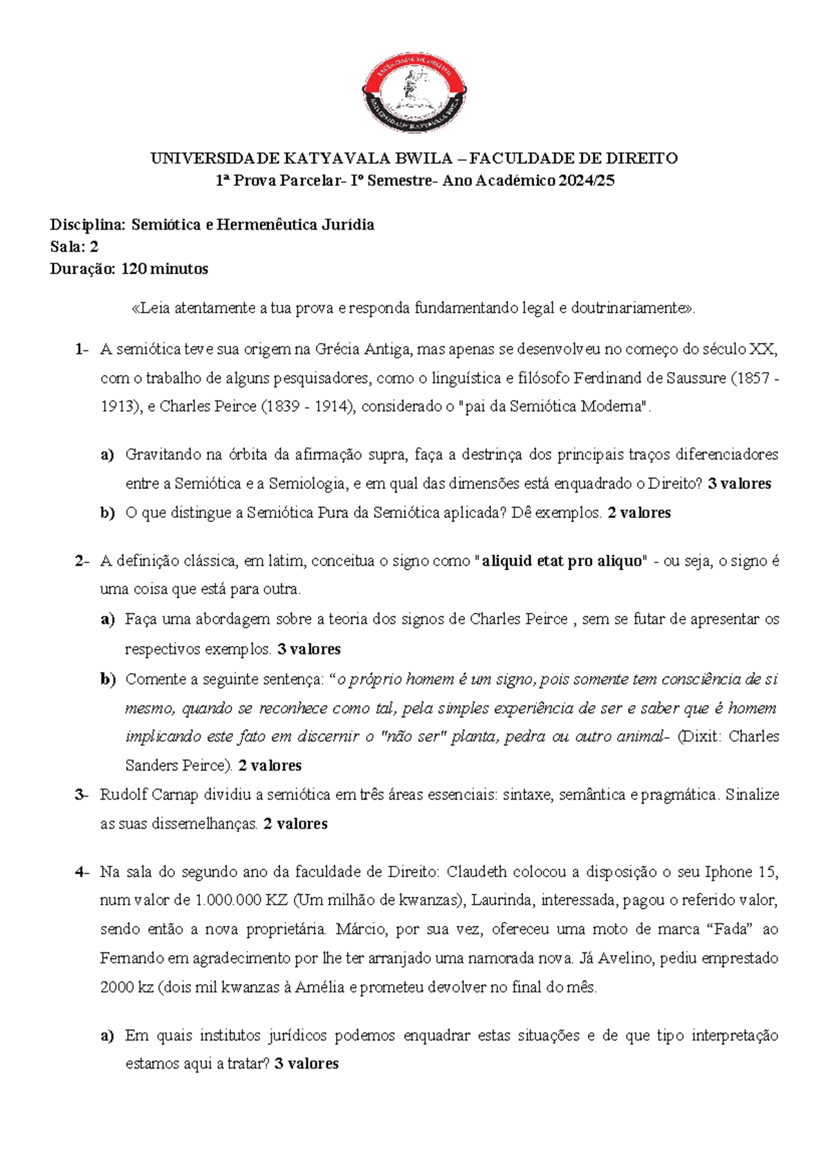 Modelo de Prova - dddd - UNIVERSIDADE KATYAVALA BWILA – FACULDADE DE ...
