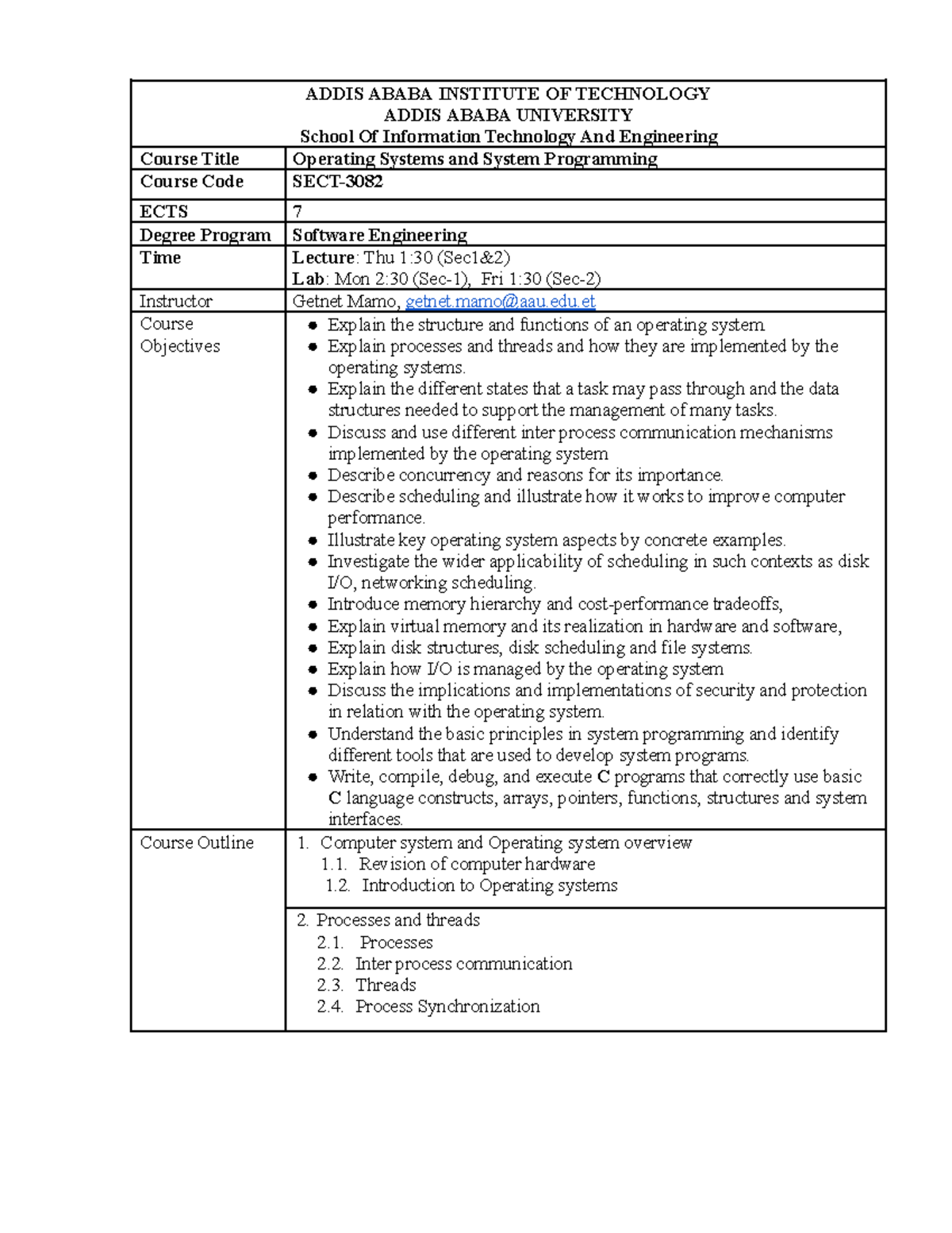SECT- Course Outline: Operating Systems & System Programming - Studocu