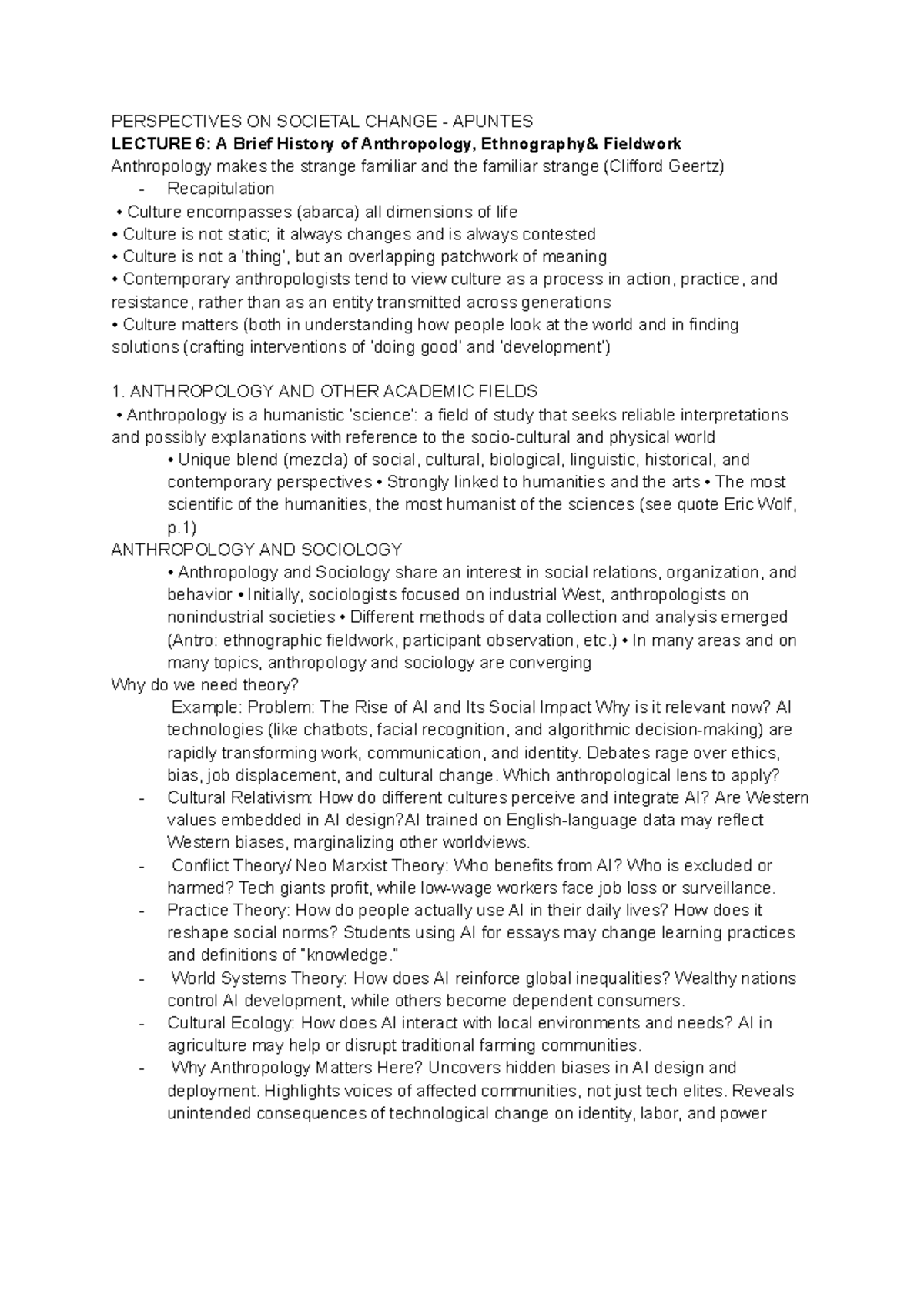 PERSPECTIVES ON SOCIETAL CHANGE: LECTURE 6 ANTHROPOLOGY & AI - Studeersnel