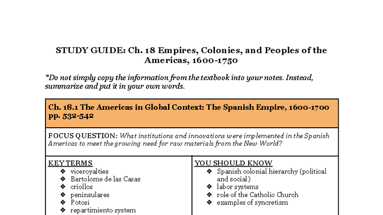 Study Guide: Ch. 18-19 Empires & Atlantic System in the Americas - Studocu
