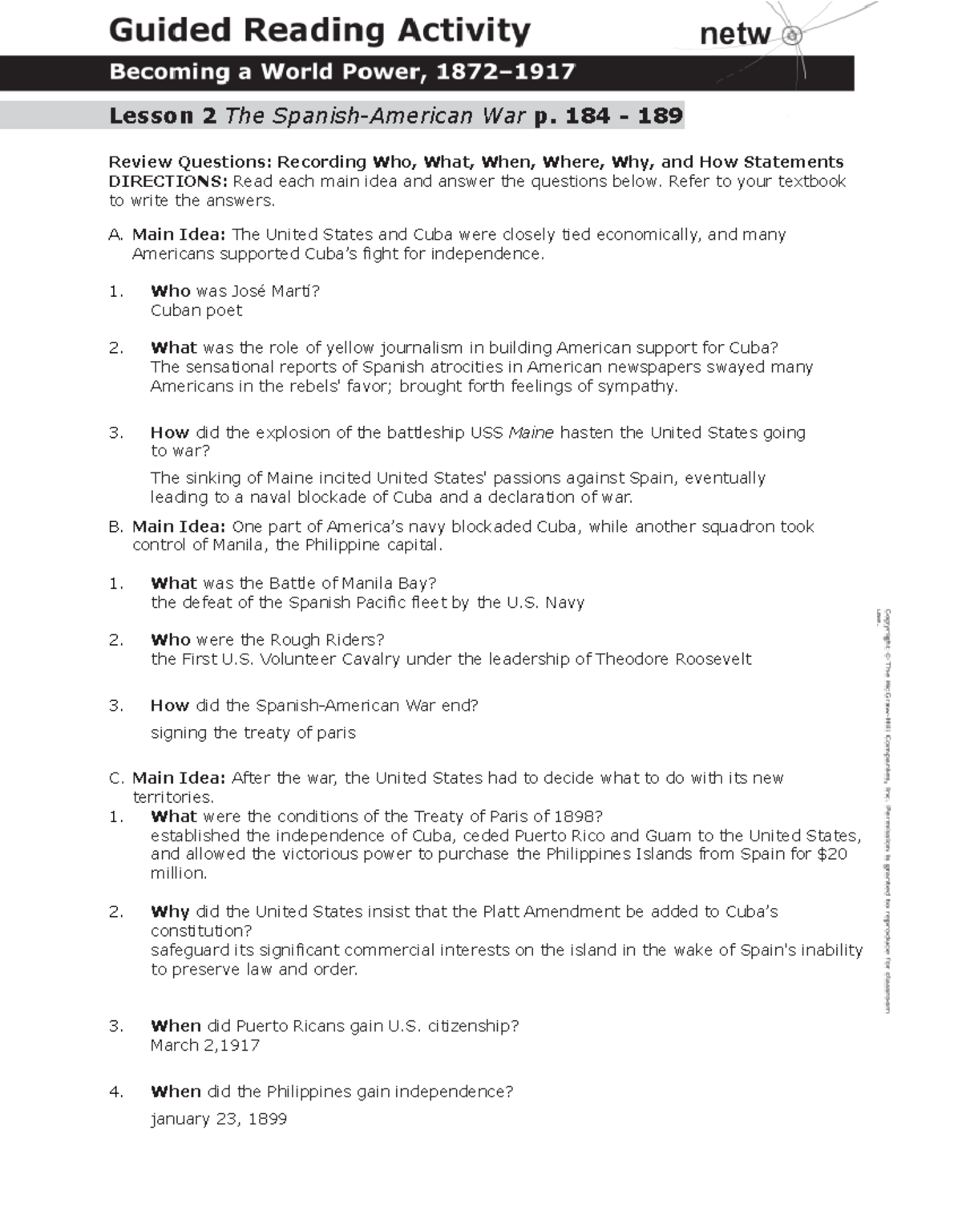 Chapter 5 Lesson 2 Guided Reading - Lesson 2 The Spanish-American War p ...