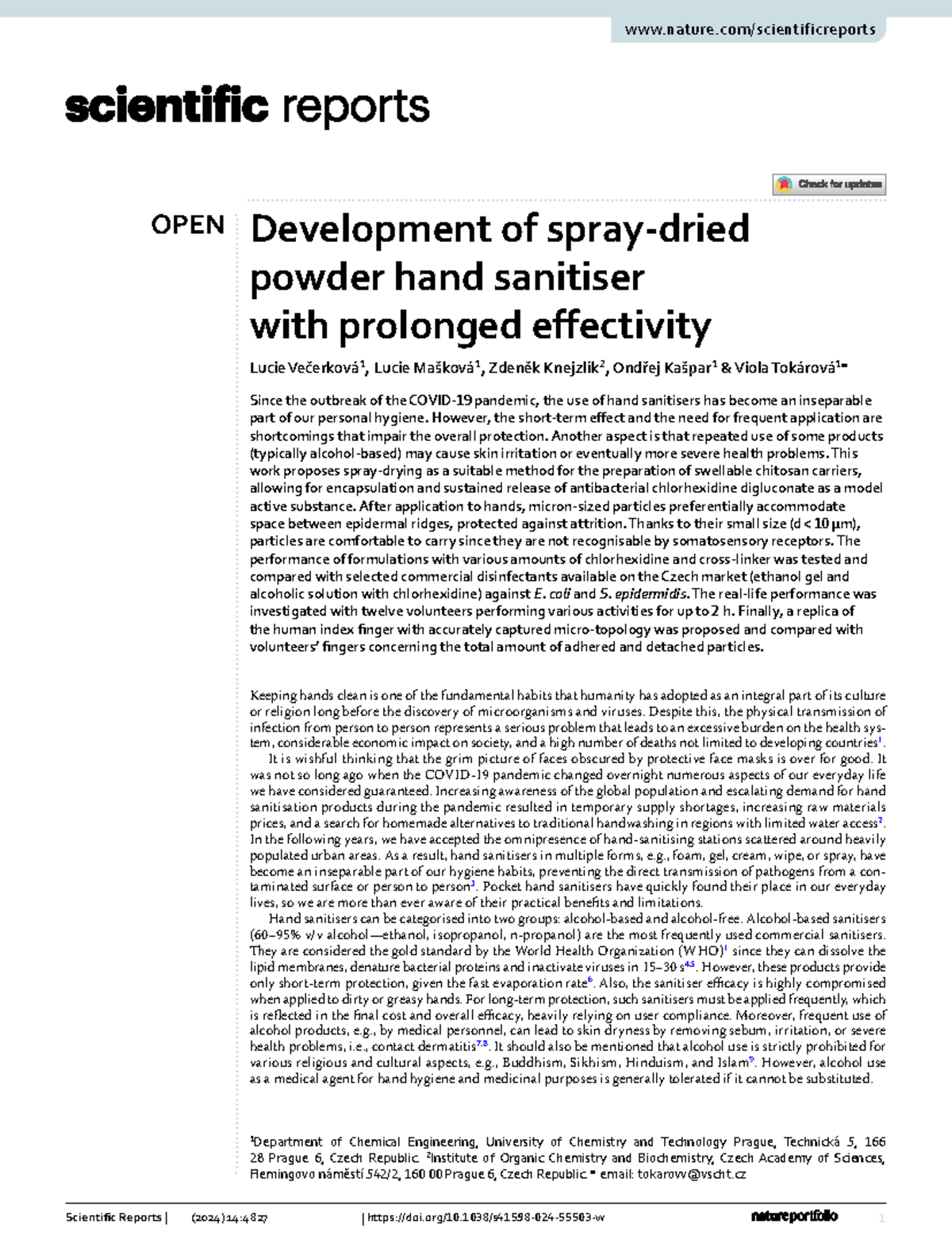 Development of Spray-Dried Powder Hand Sanitiser with Prolonged ...