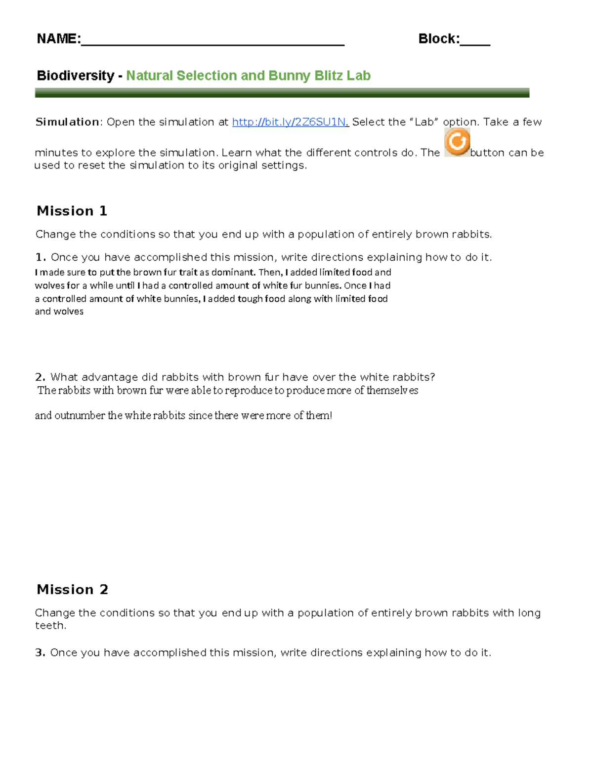 Biodiversity Lab: Bunny Blitz Simulation and Natural Selection Guide ...