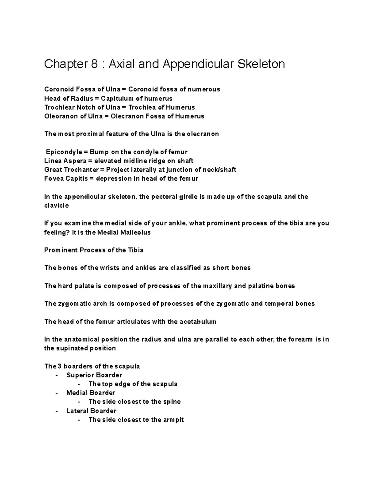 Study Guide: Chapter 8 - Axial & Appendicular Skeleton Overview - Studocu