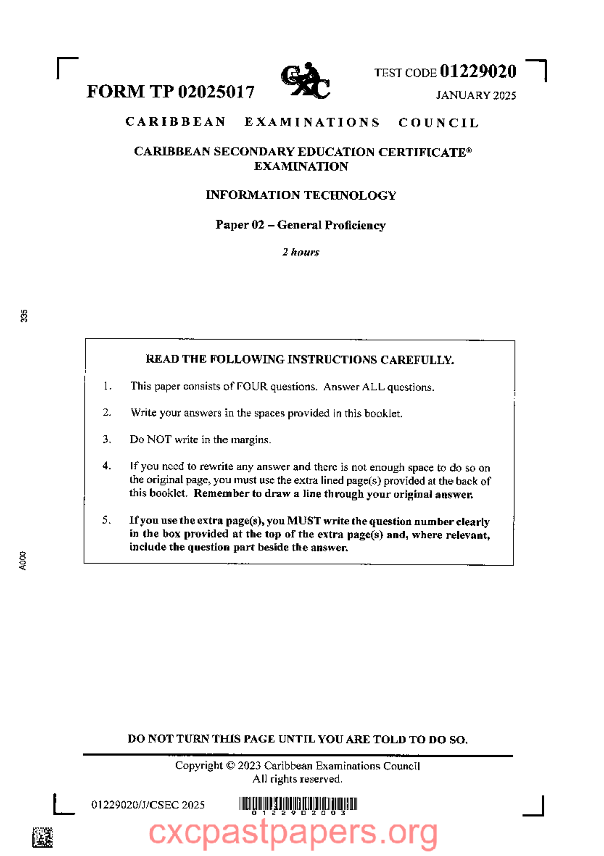 CSEC Information Technology January 2025 Paper 02 Exam Instructions and ...