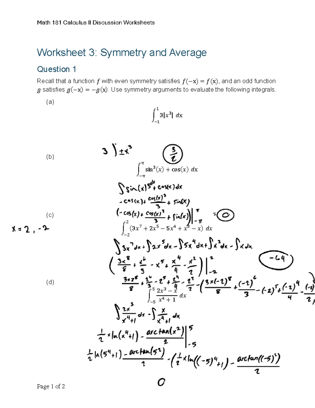 Math 181 Calculus II Discussion Worksheet 3: Symmetry Integrals - Studocu