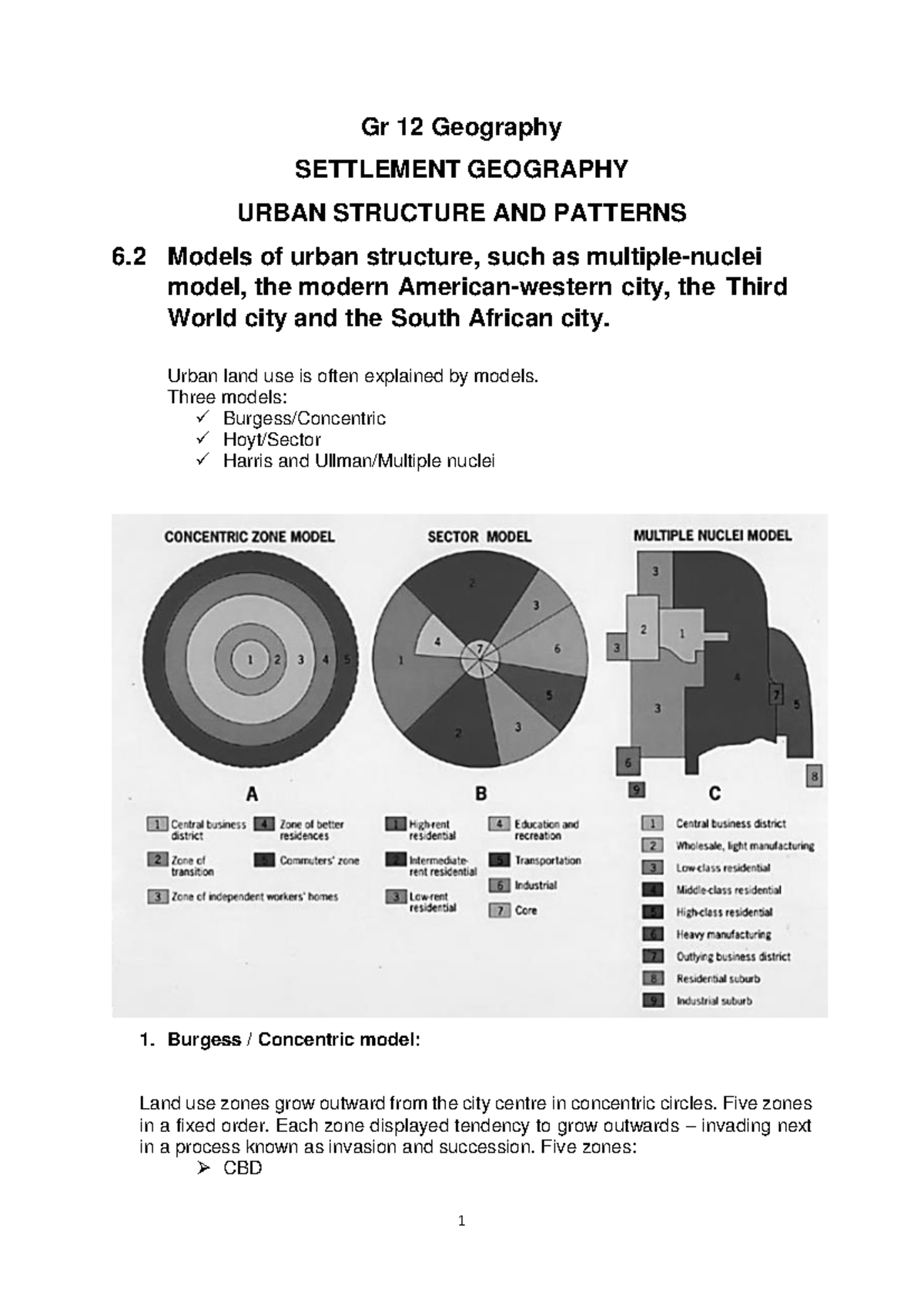 Gr 12 Geography: Settlement Geography & Urban Structure Models Summary ...