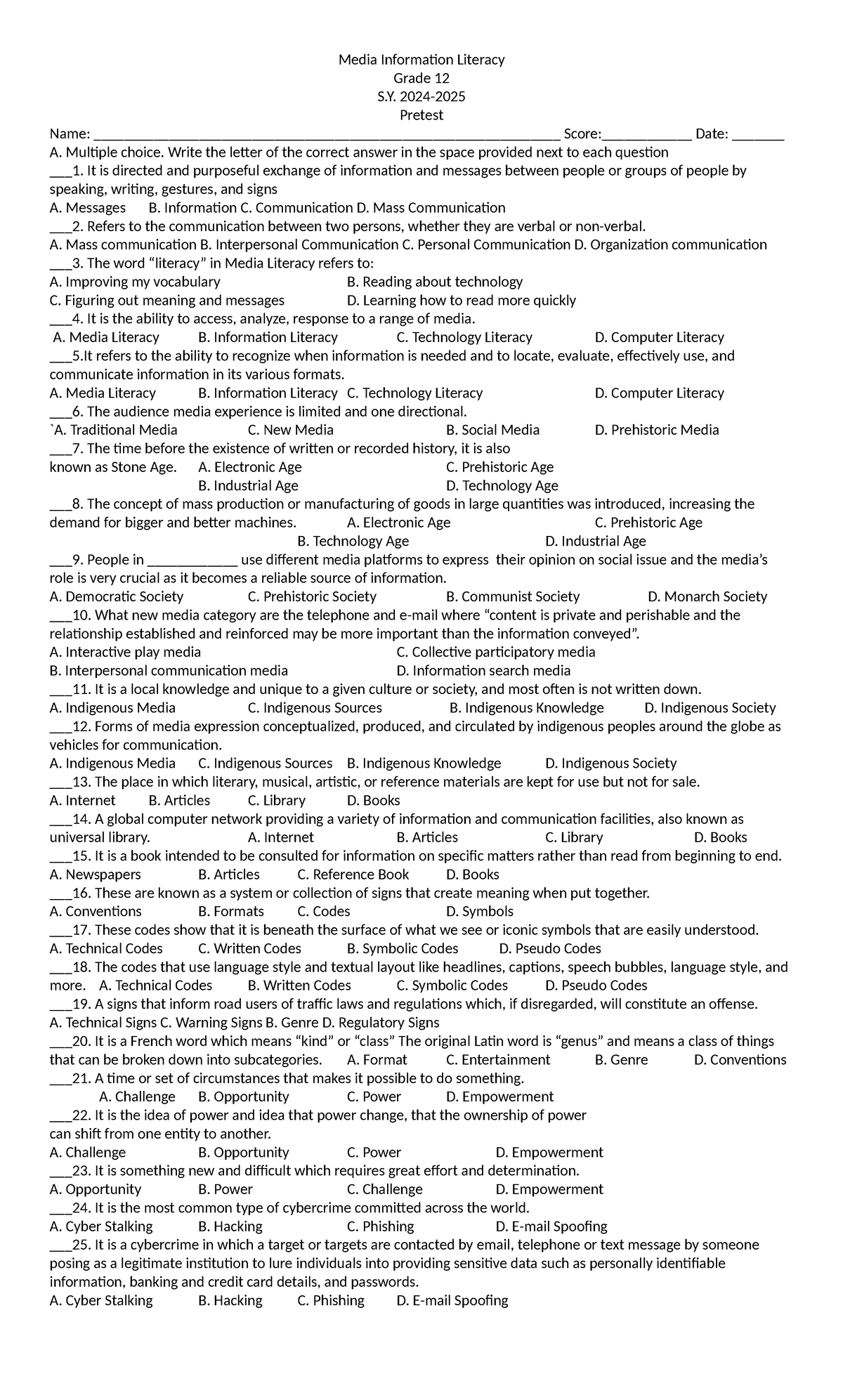 MIL Grade 12 Pretest: Media Information Literacy Questions and Answers ...
