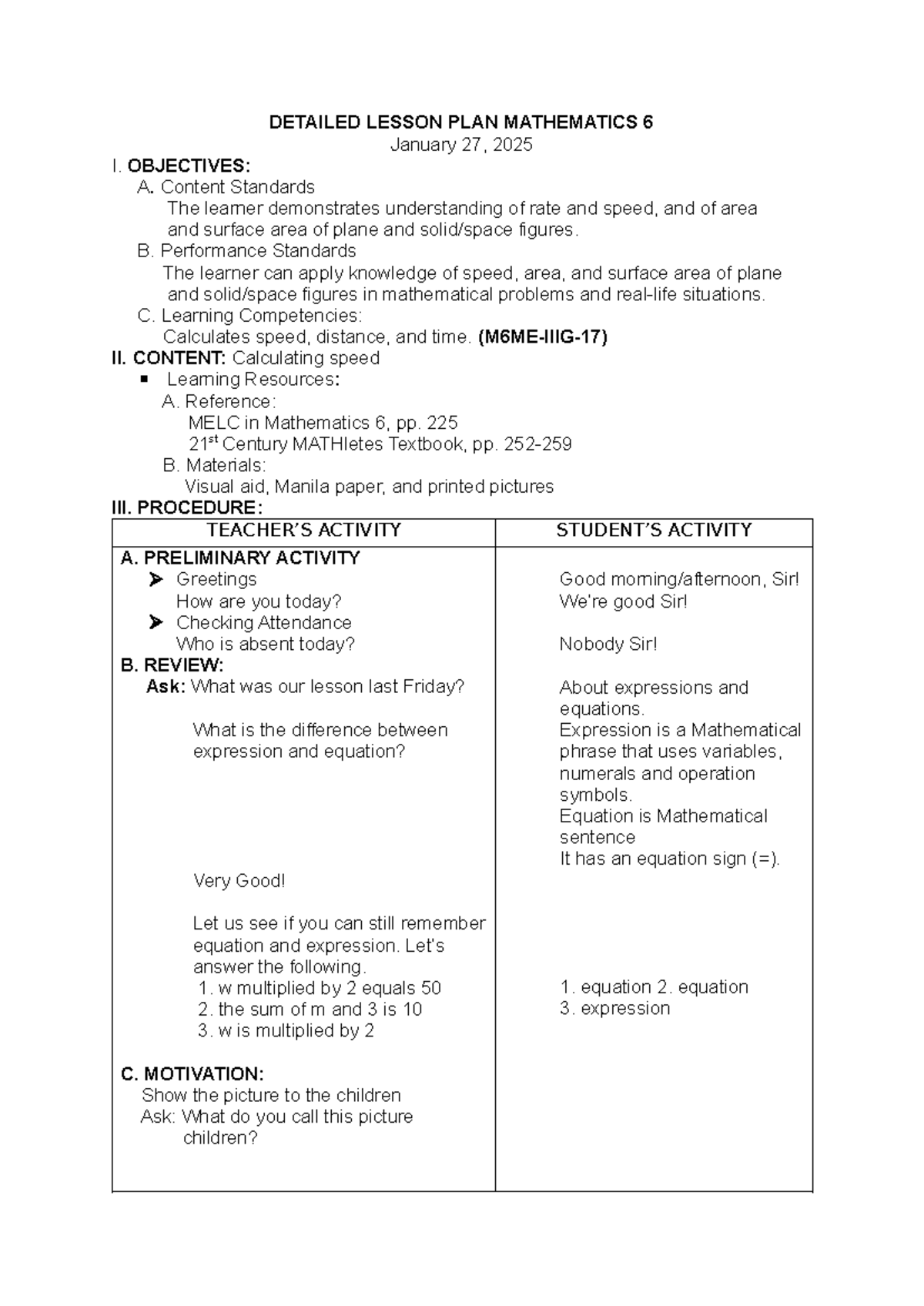Math 6 Detailed Lesson Plan: Speed, Area & Surface Area Concepts - Studocu