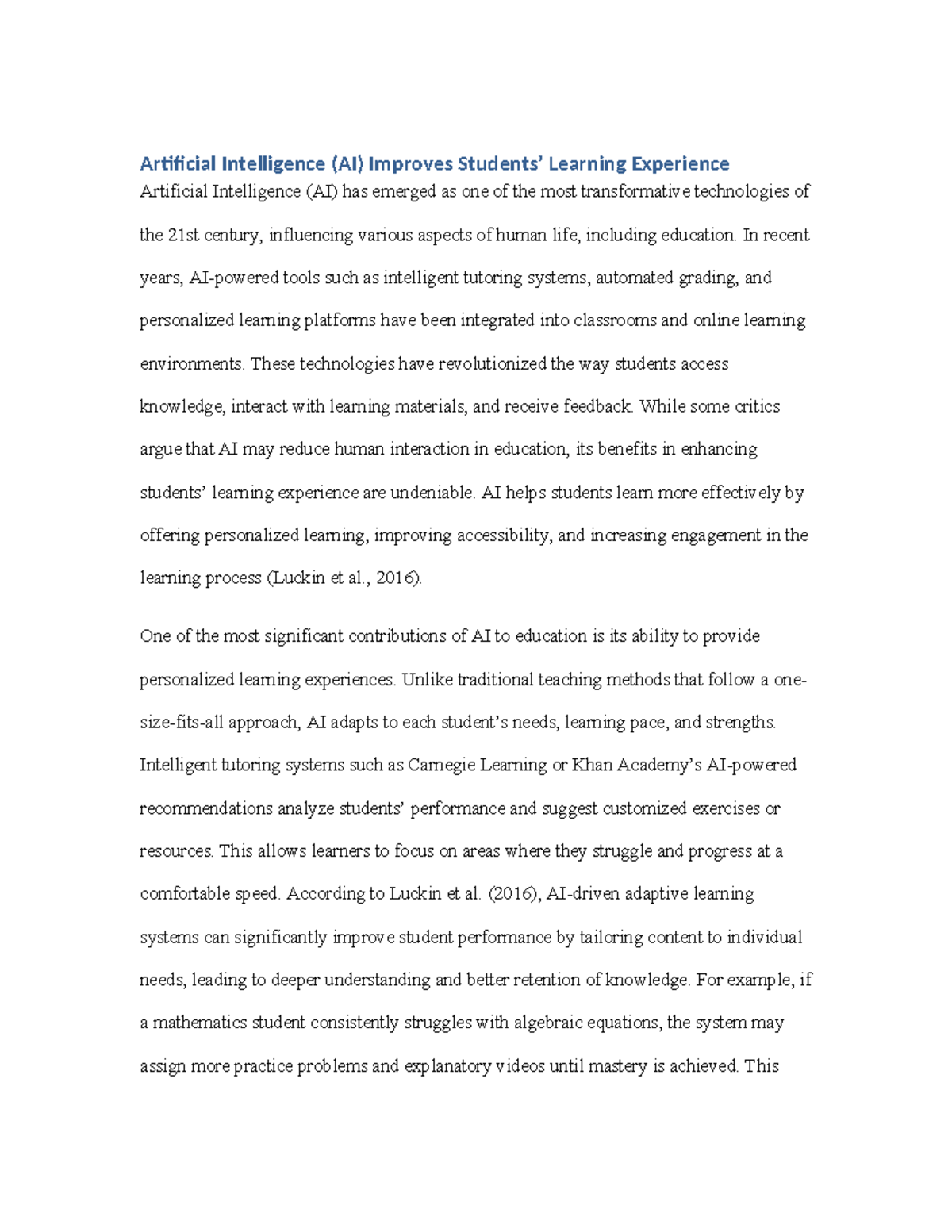 AI (Artificial Intelligence) Enhancing Student Learning Experience Essay - Studocu