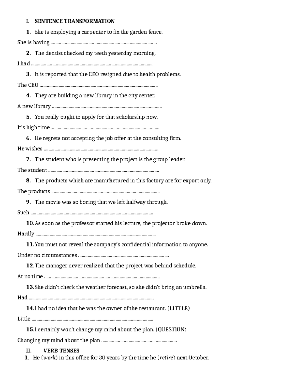 Sentence Transformation Exercises and Verb Tenses - ENG101 - Studocu