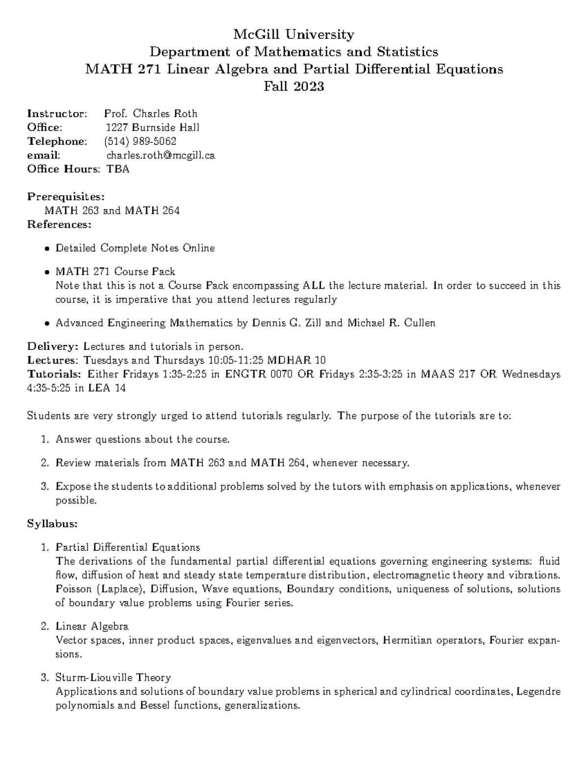 MATH 271 Fall 2023 Course Outline: Linear Algebra & PDEs - Studocu