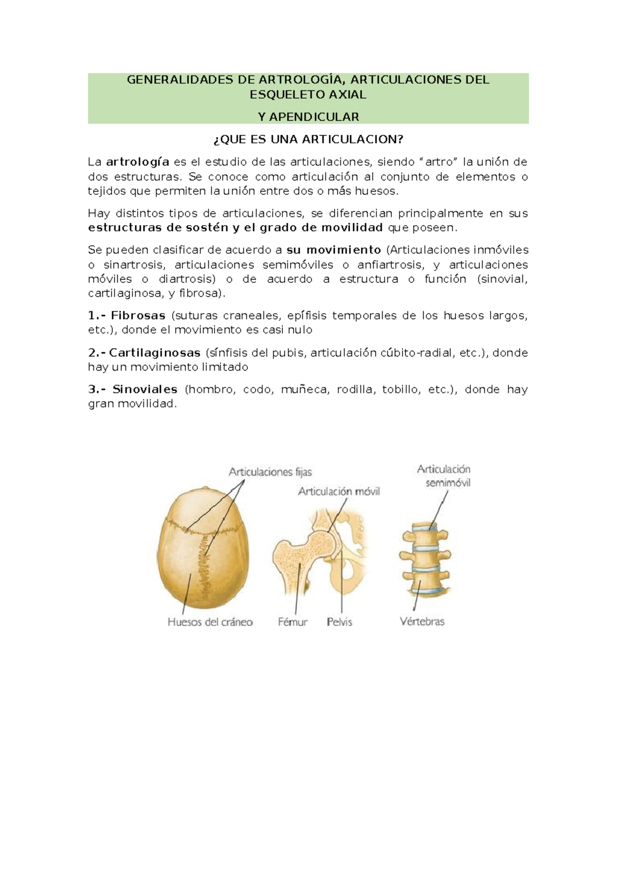 Generalidades de Artrología: Tipos y Estructuras de las Articulaciones - Studocu