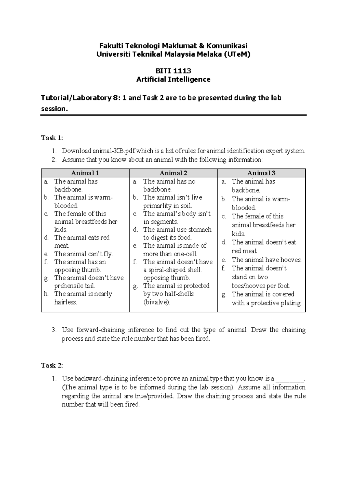 Lab 8 - AI Animal Identification Tasks for BITI UTeM - Studocu