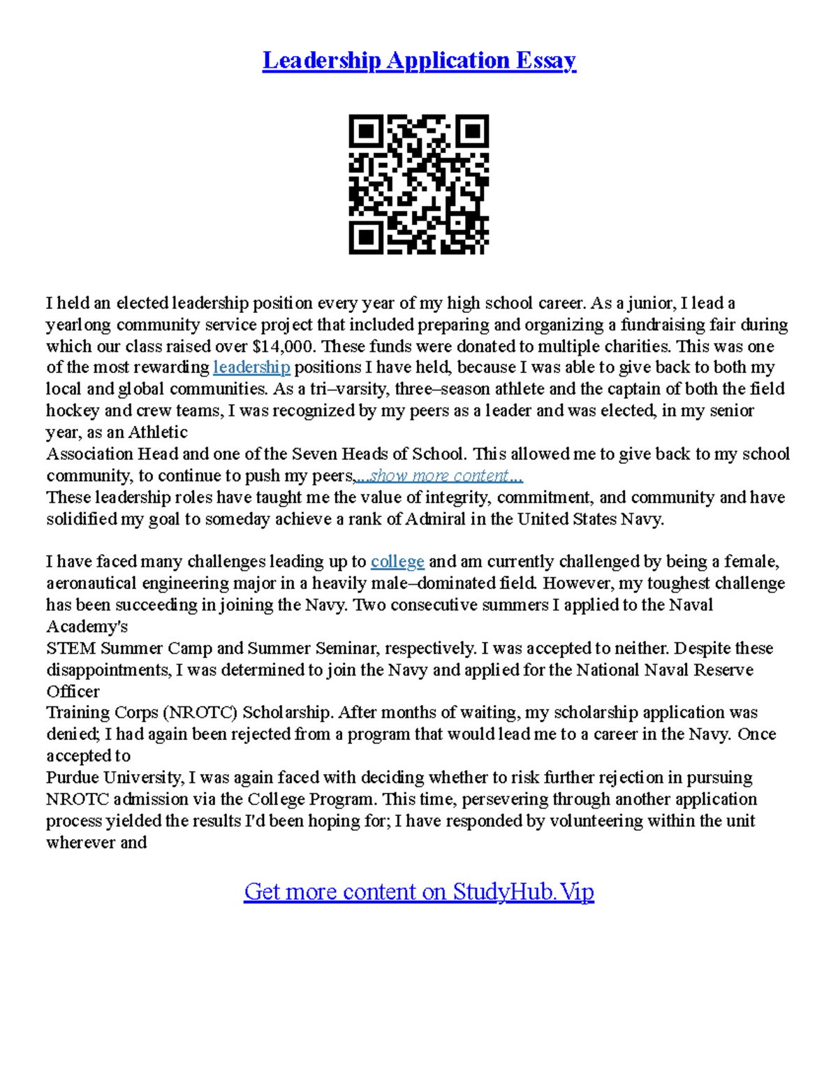 Purdue University Leadership Application Essay for Admission - Studocu