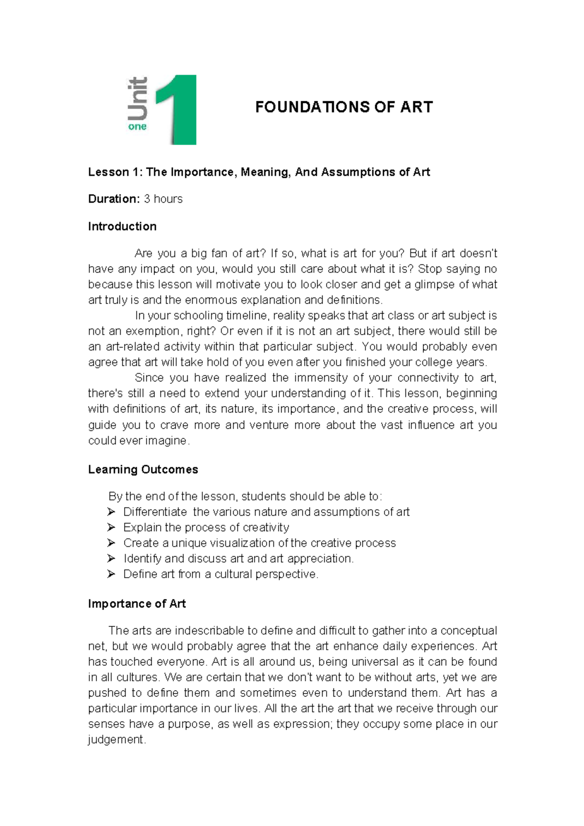 FOUNDATIONS OF ART (FA101) Lesson 1: Understanding Art's Significance ...