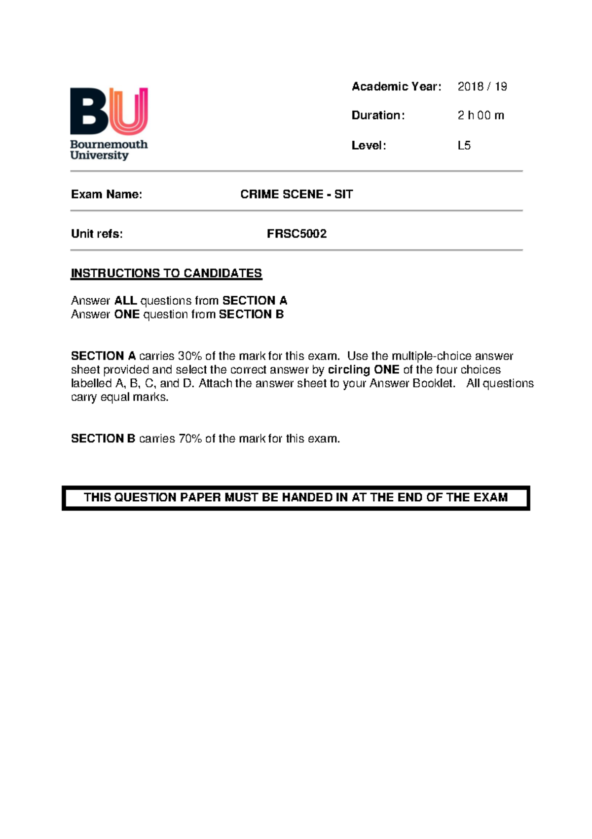 CRIME SCENE - SIT Final Exam 2018/19 Past Paper with Sections A & B ...
