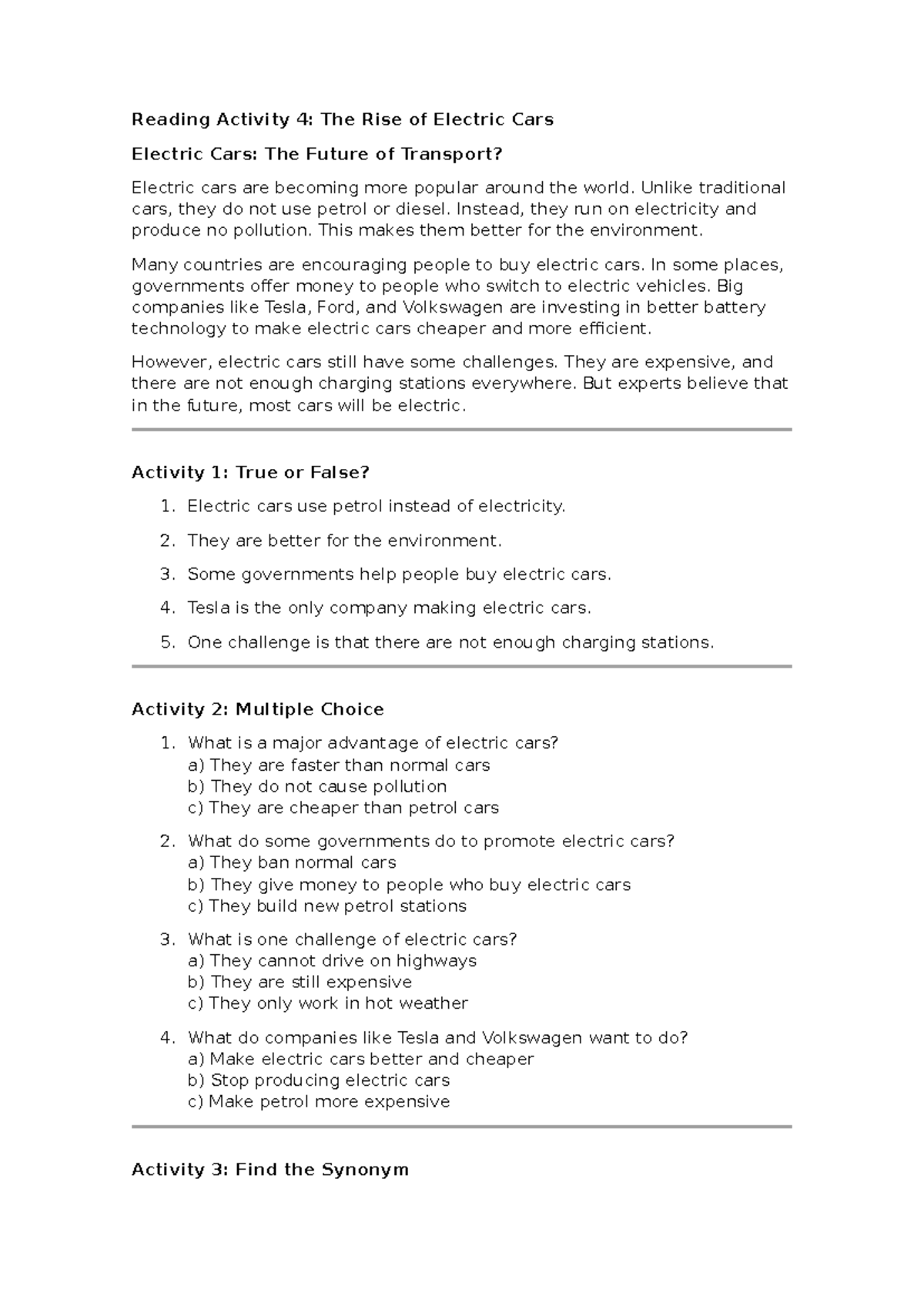 Reading 5 - Reading Activity 4: The Rise of Electric Cars Electric Cars ...